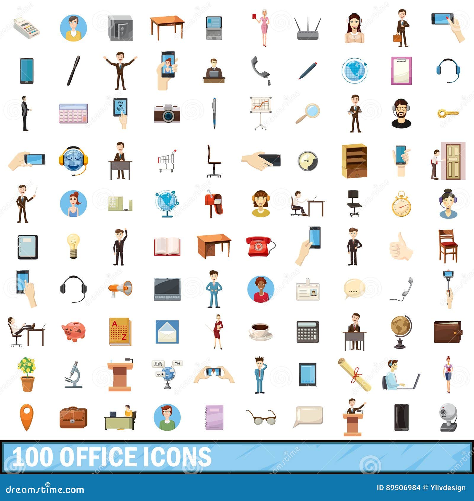 100 Office Icons Set, Cartoon Style Stock Vector - Illustration of ...