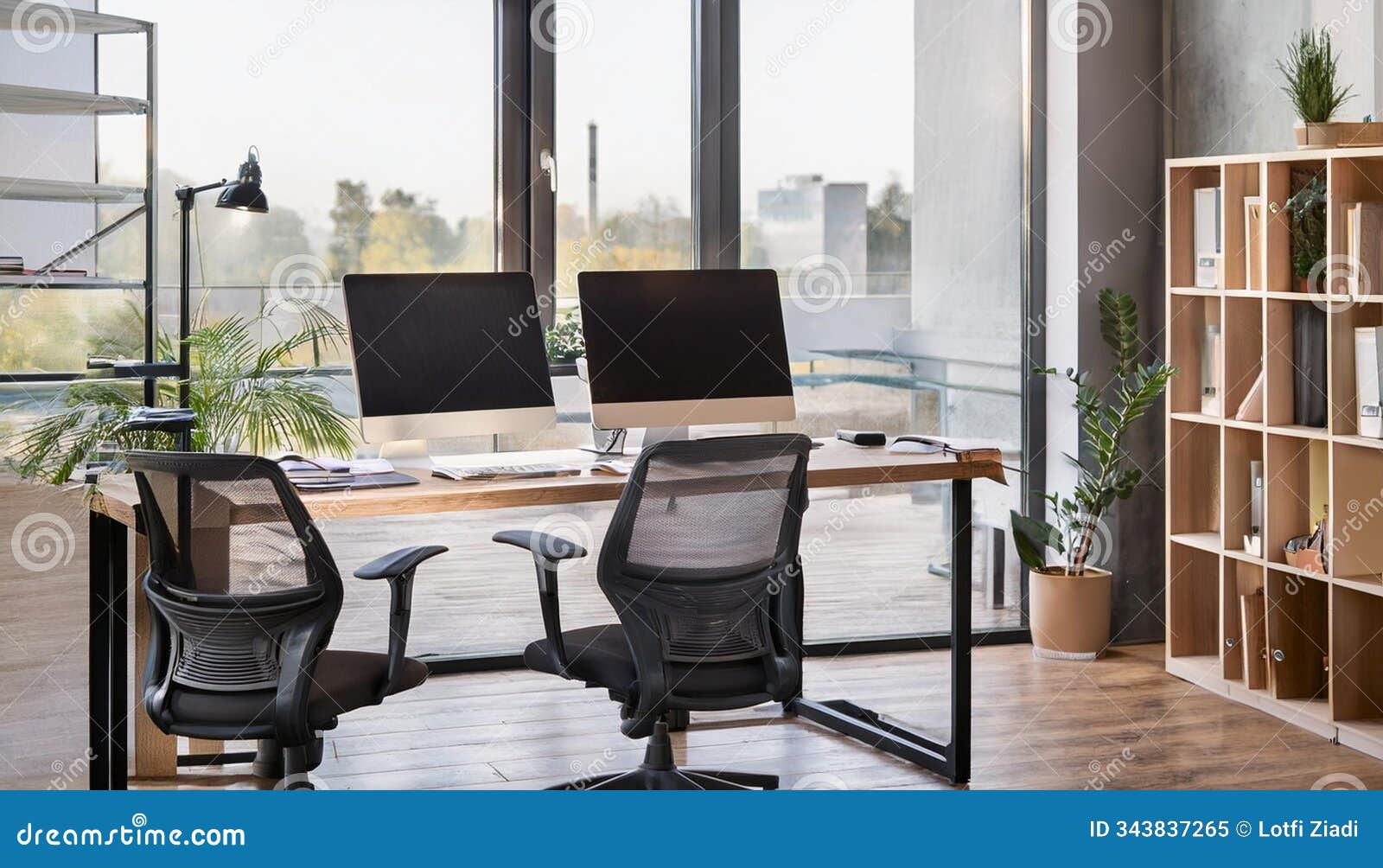 Office Interior with Armchairs and Desks, Pc Monitors and Shelf Near ...