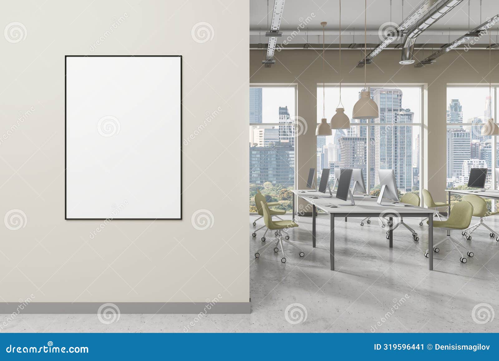 An Office Interior with a Blank Poster on a Wall and Computers on Desks ...