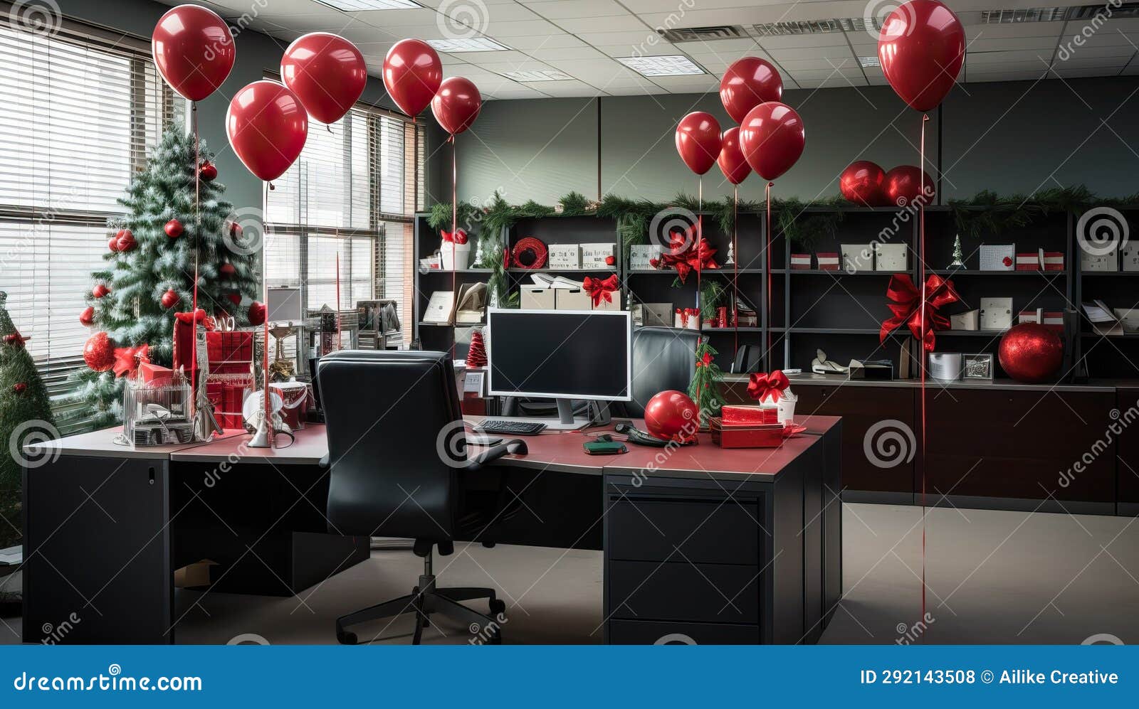 Office Interior with Christmas Tree and Decorations Stock Illustration ...