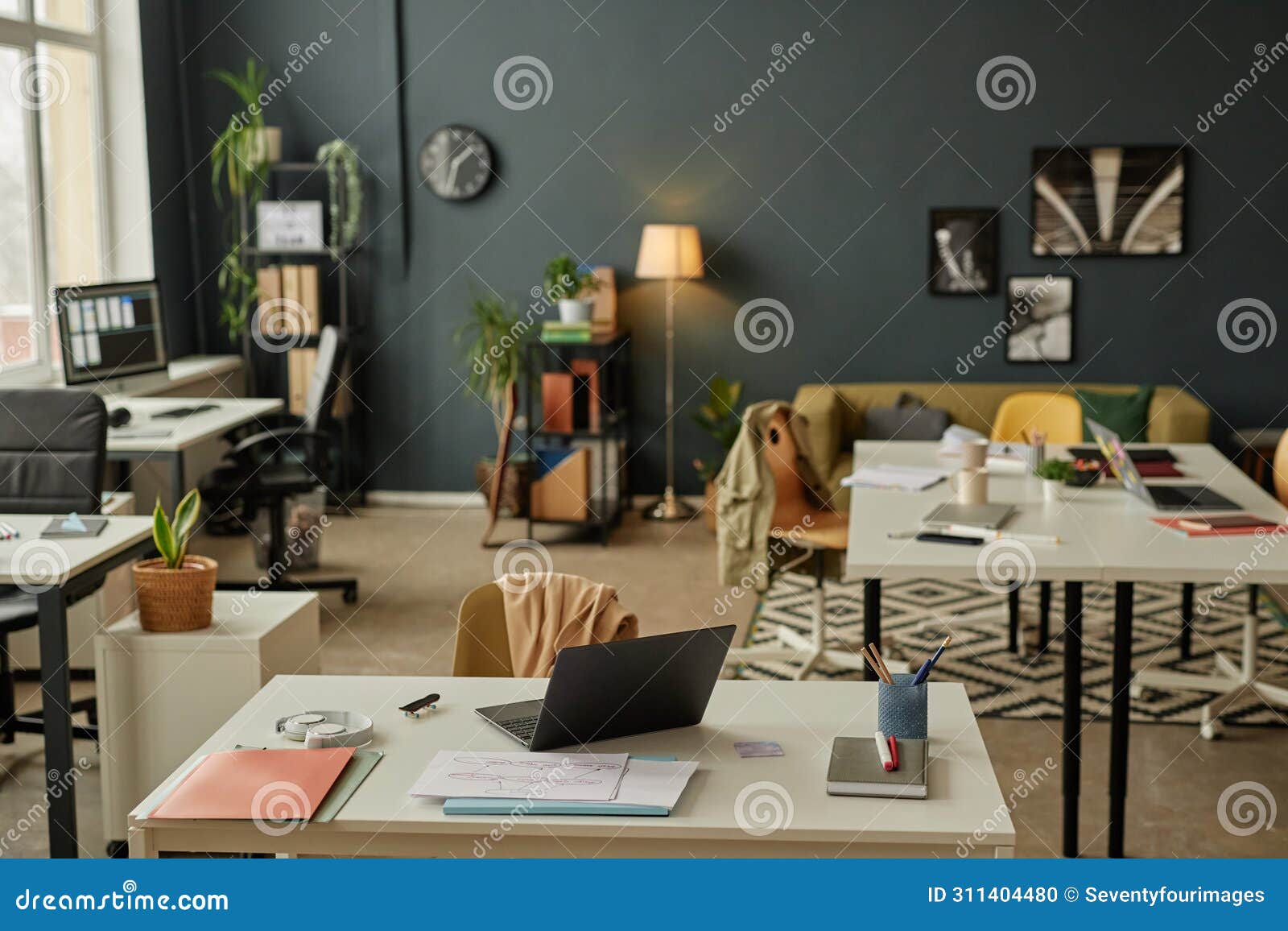 Office Interior with Cluttered Workplace Desks Stock Photo - Image of ...