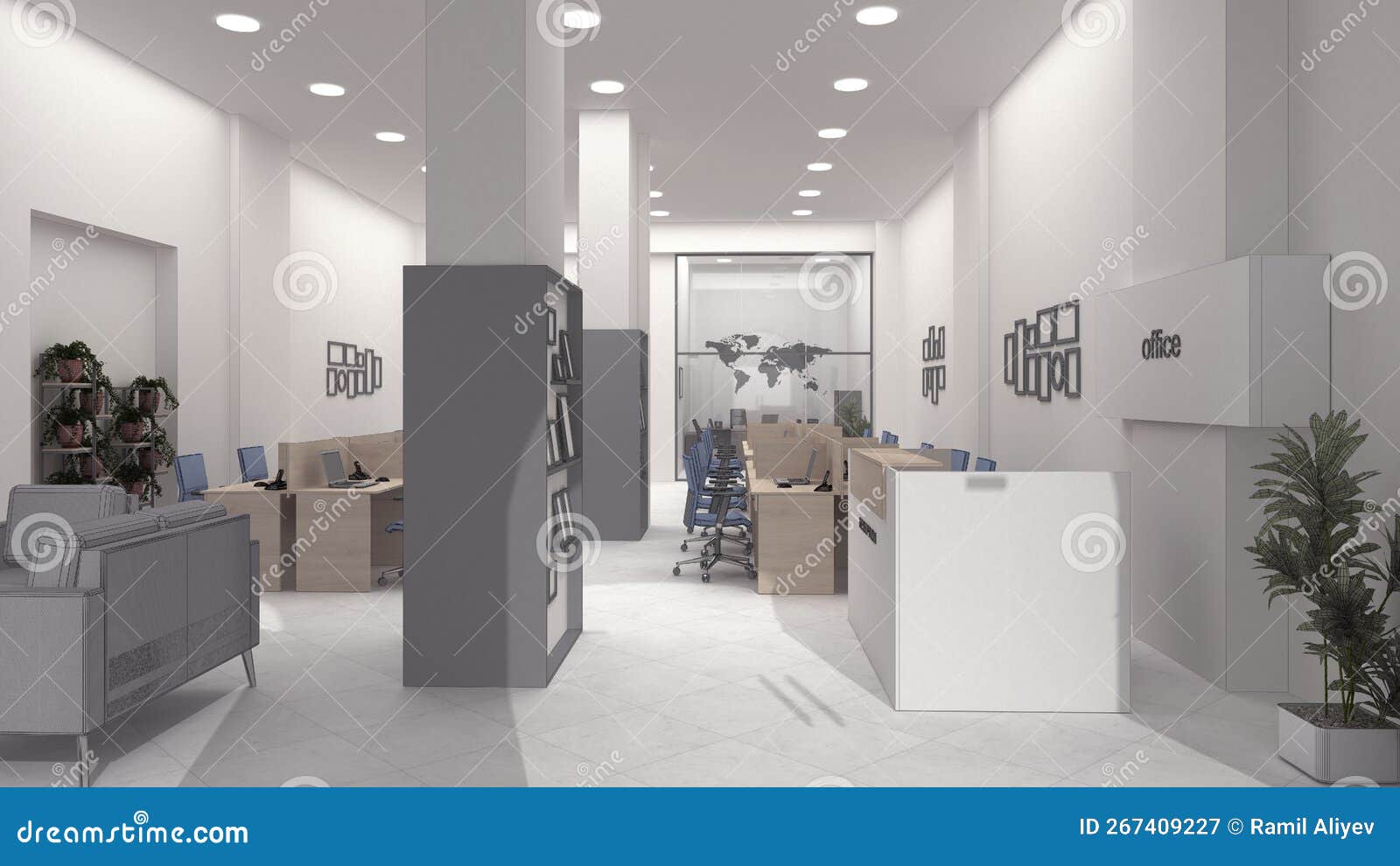 Office Interior Color Grid 3D Rendering Stock Illustration ...