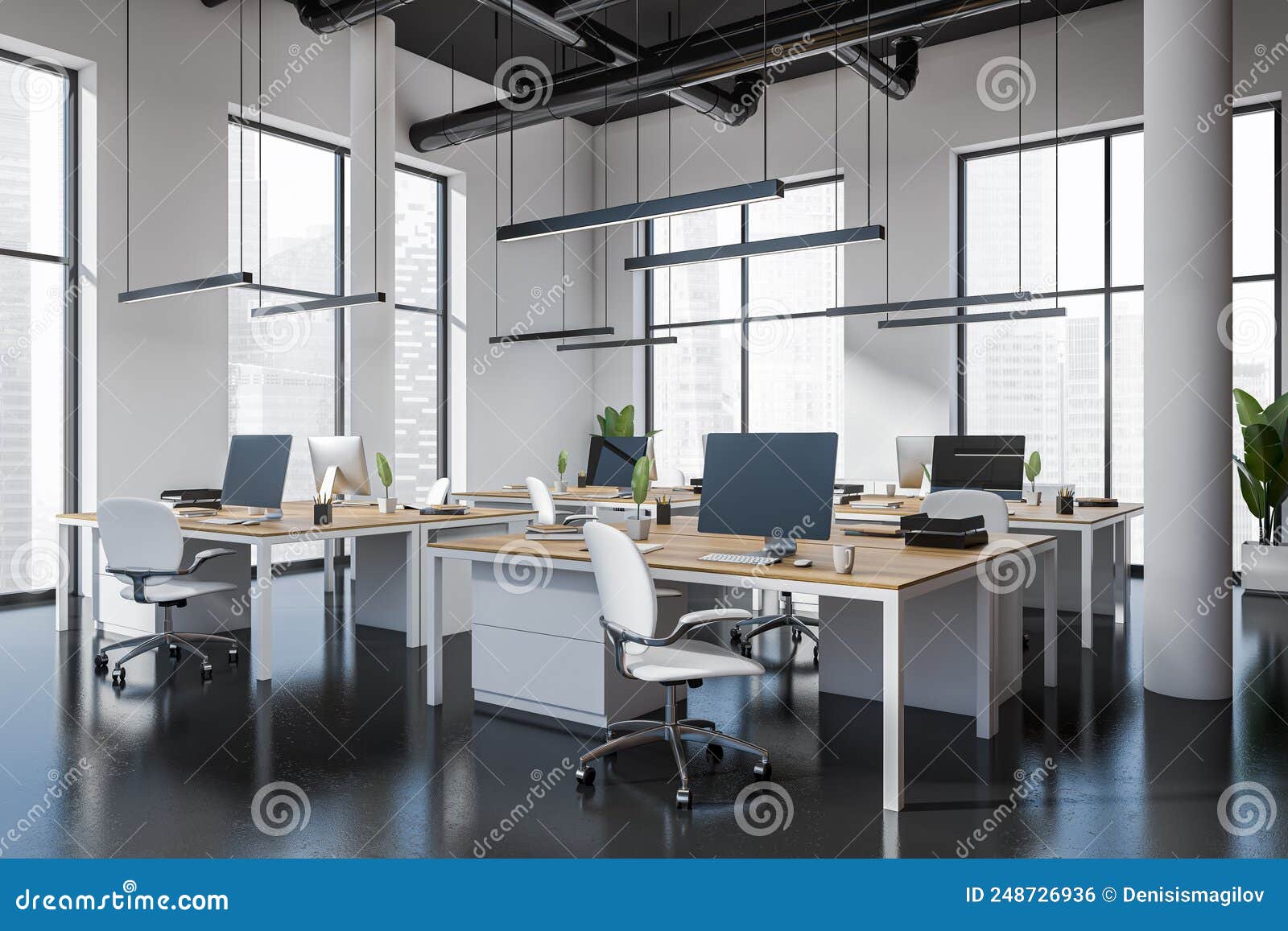 Office Interior with Computer, Table and Panoramic Window on City View ...