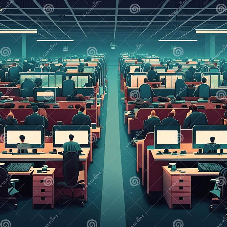 Office Interior with Computers and People, 3d Rendering. Computer ...