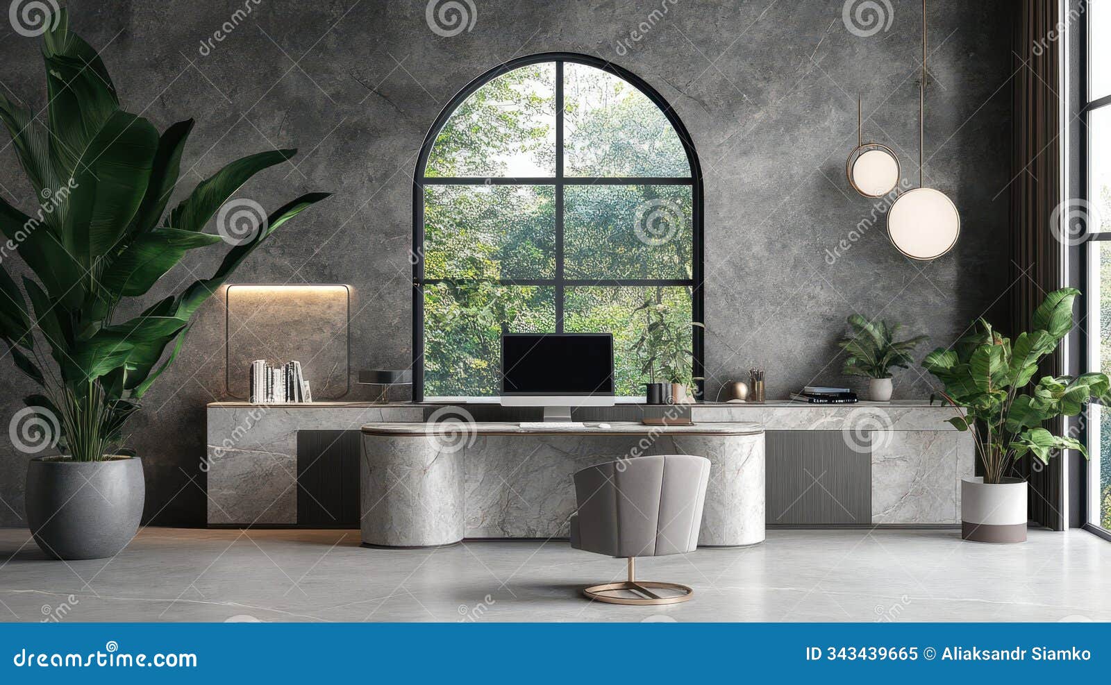 Office Interior with Computers on Stone Desks Large Window Mockup Wall ...