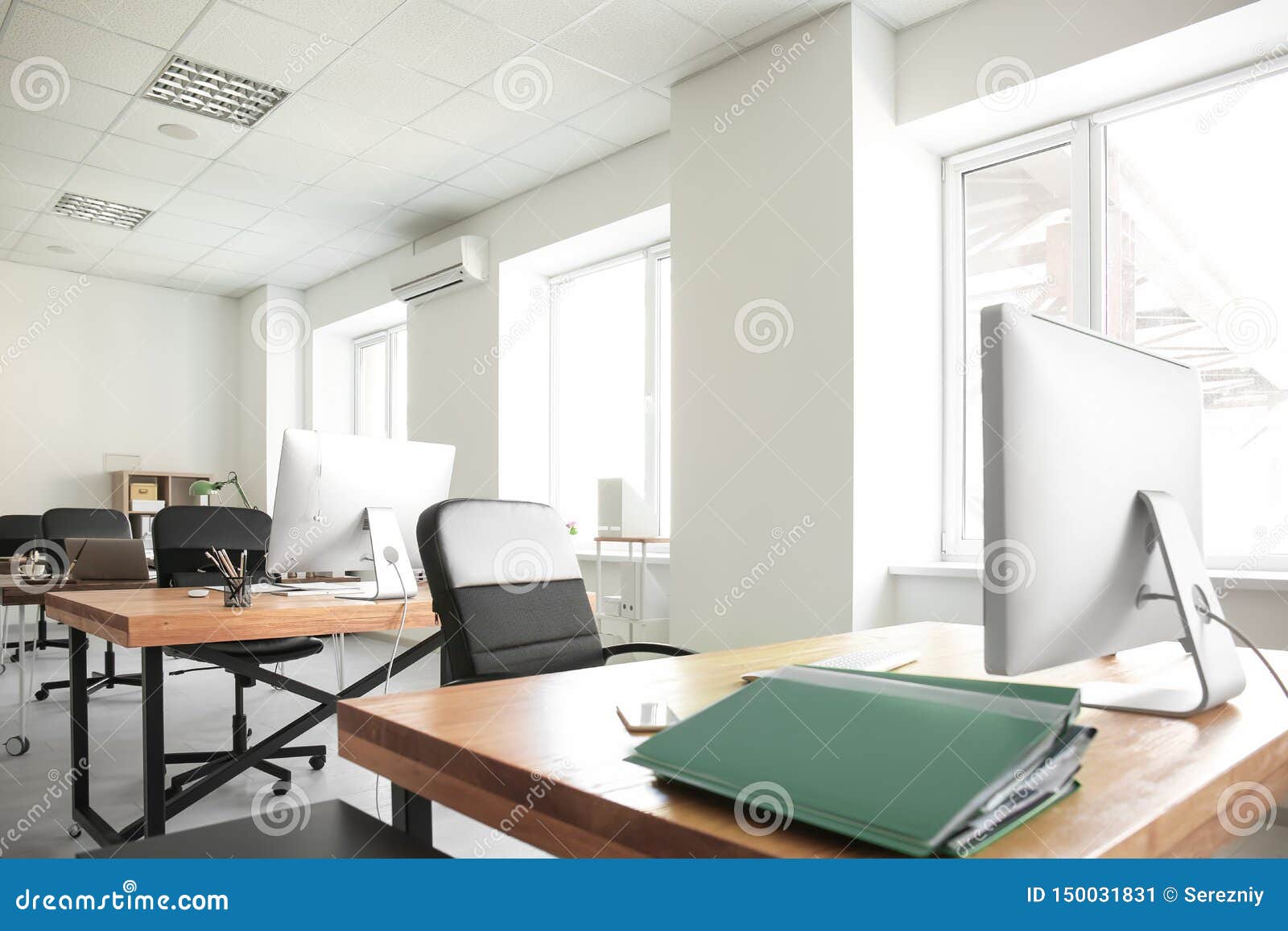 Office Interior with Computers and Tables. Workplace Design Stock Image ...