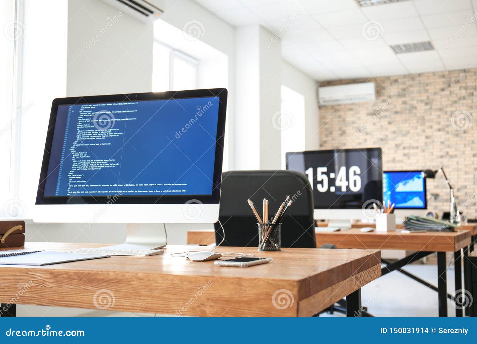 Office Interior with Computers and Tables. Workplace Design Stock Photo ...