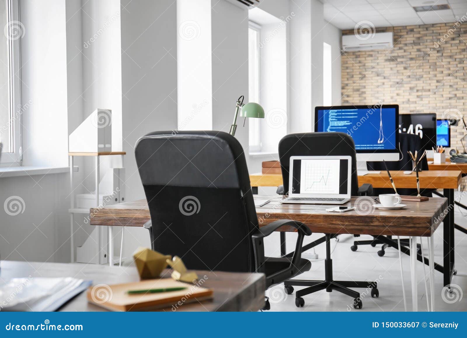 Office Interior with Computers and Tables. Workplace Design Stock Image ...