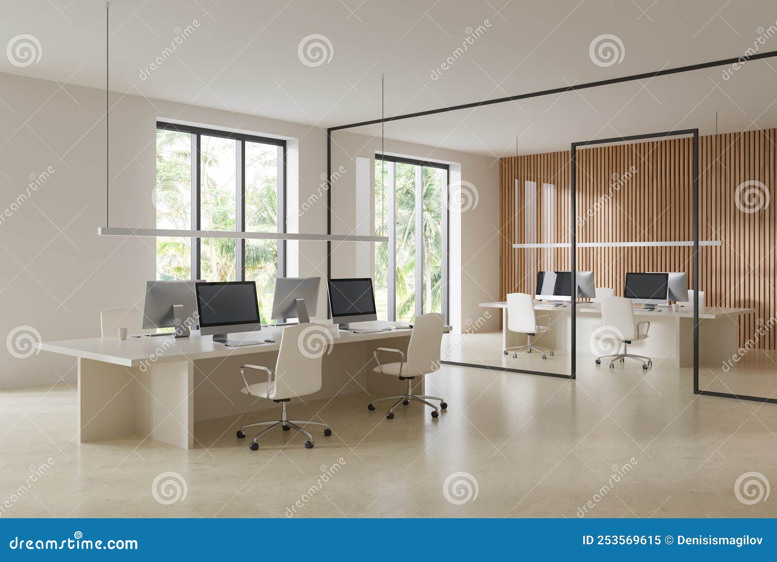 Office Interior with Coworking Zone and Pc Computers, Panoramic Window ...