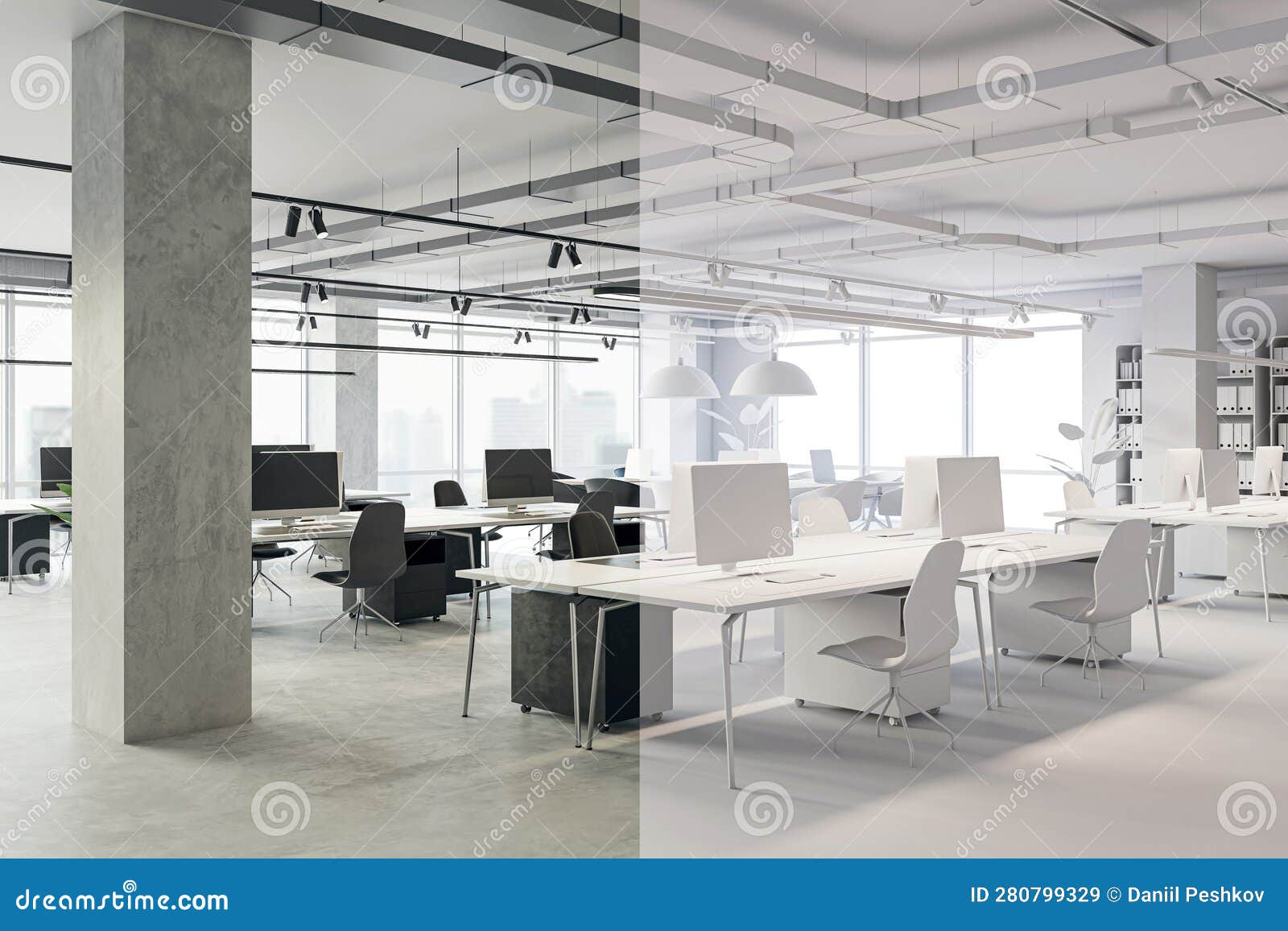 Office Interior Design Concept with Double View 3d Visualization ...