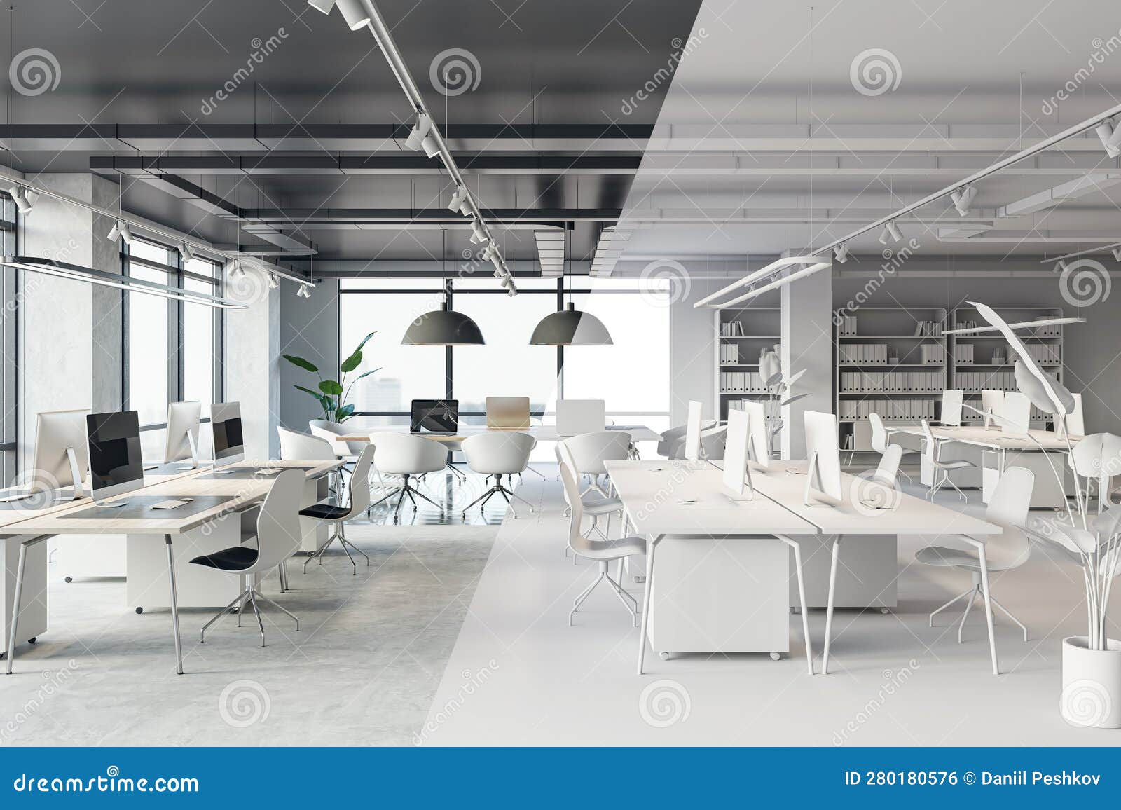 Office Interior Design Concept with Double View 3d Visualization ...