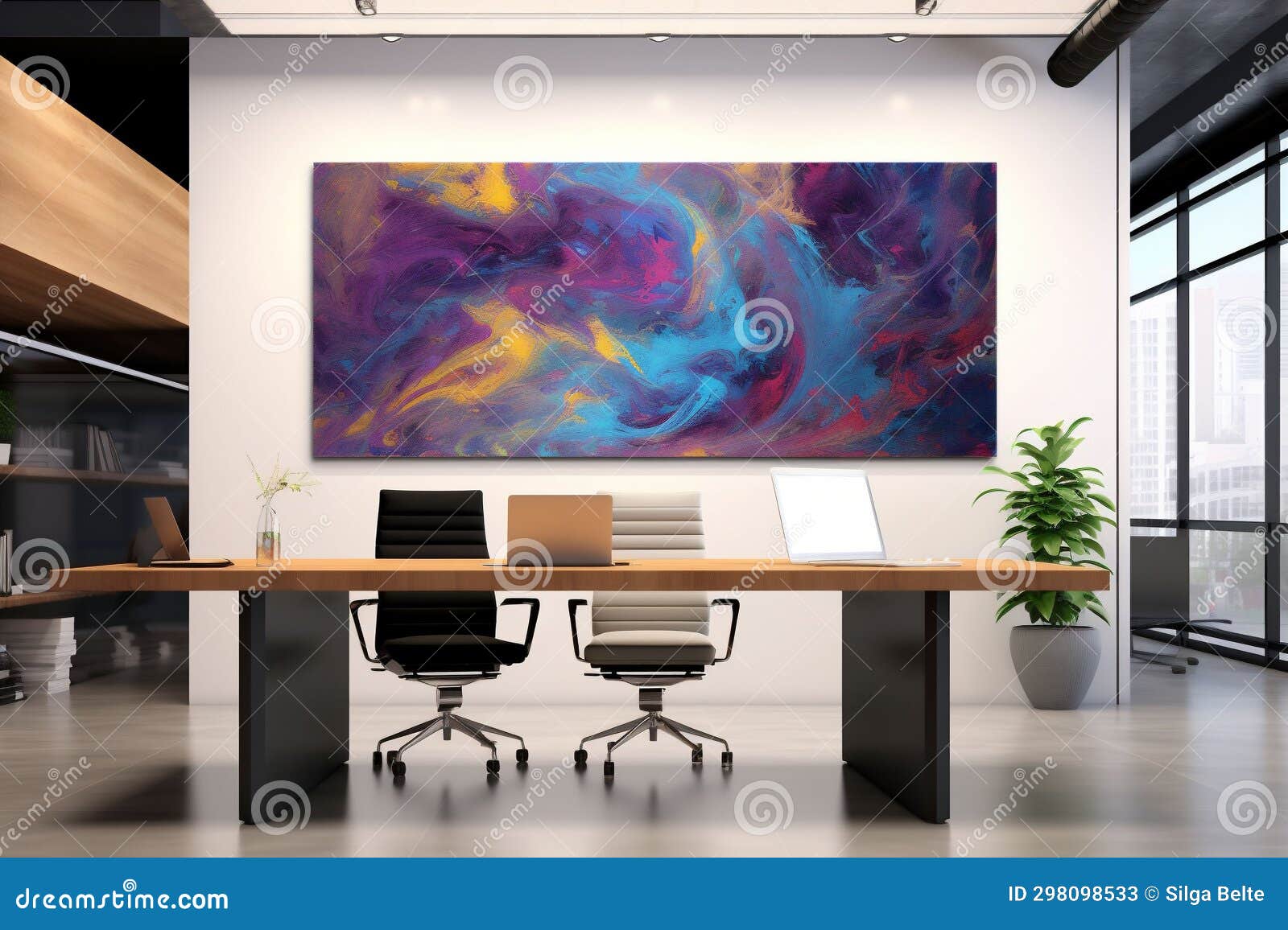 Office Interior Design Table, Chairs, Computer and a Large Painted ...