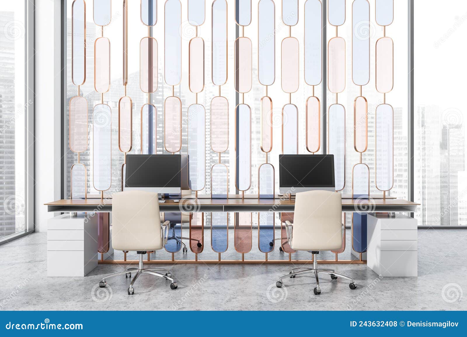 Office Interior with Desk, Pc Computer and Panoramic Window with City ...