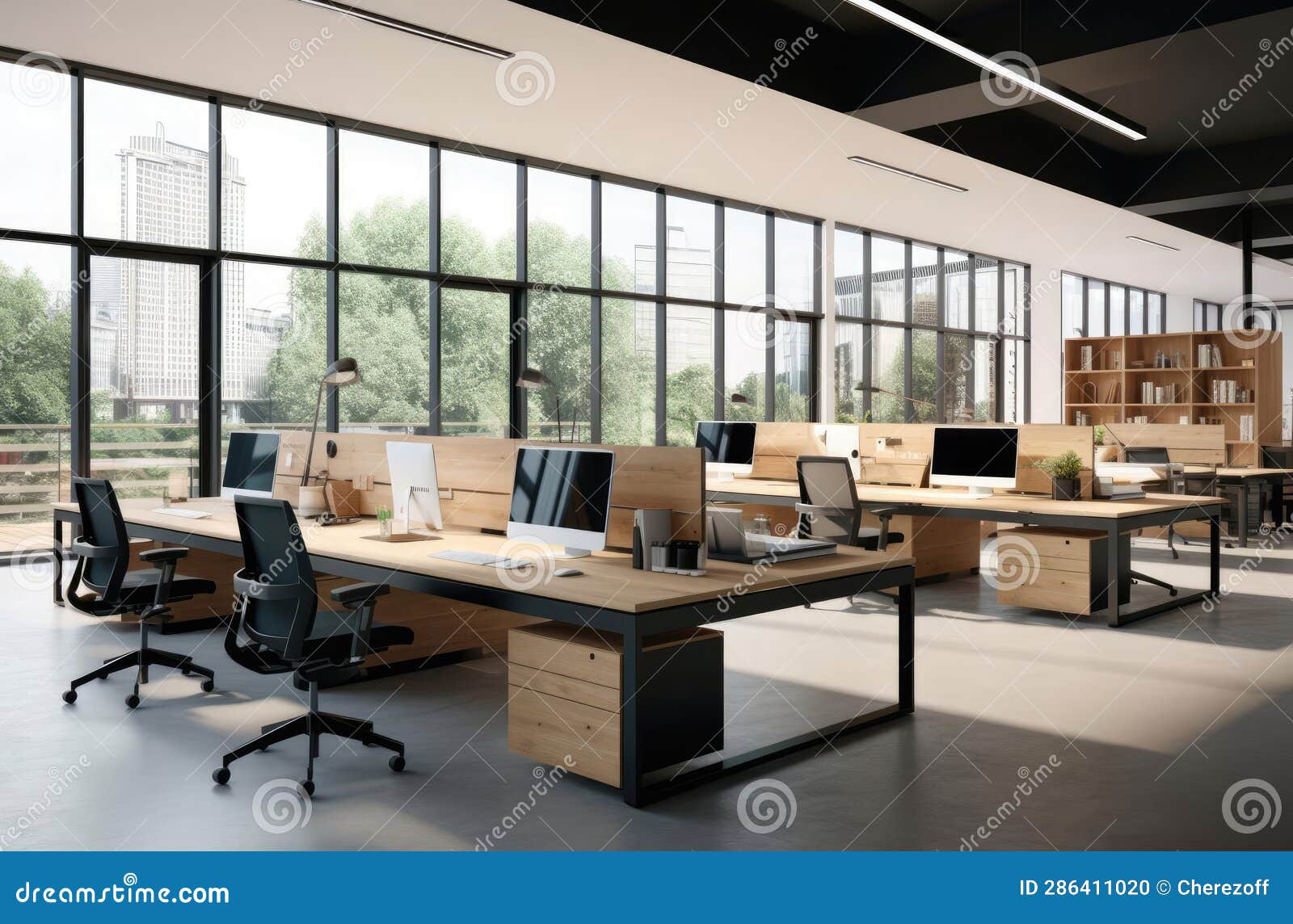 Office Interior with Desks and Computers Stock Illustration ...