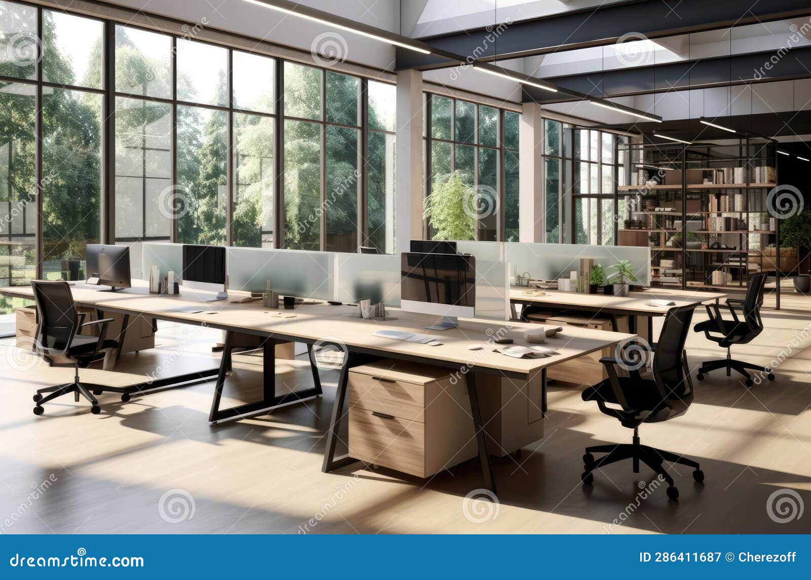 Office Interior with Desks and Computers Stock Image - Image of ...