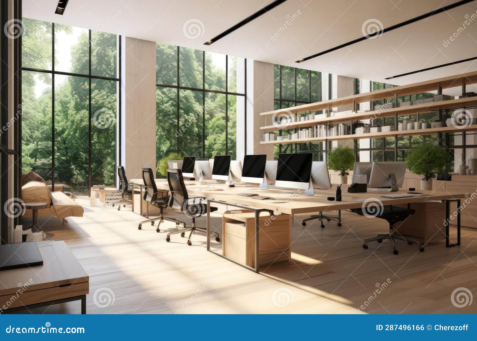 Office Interior with Desks and Computers Stock Photo - Image of room ...