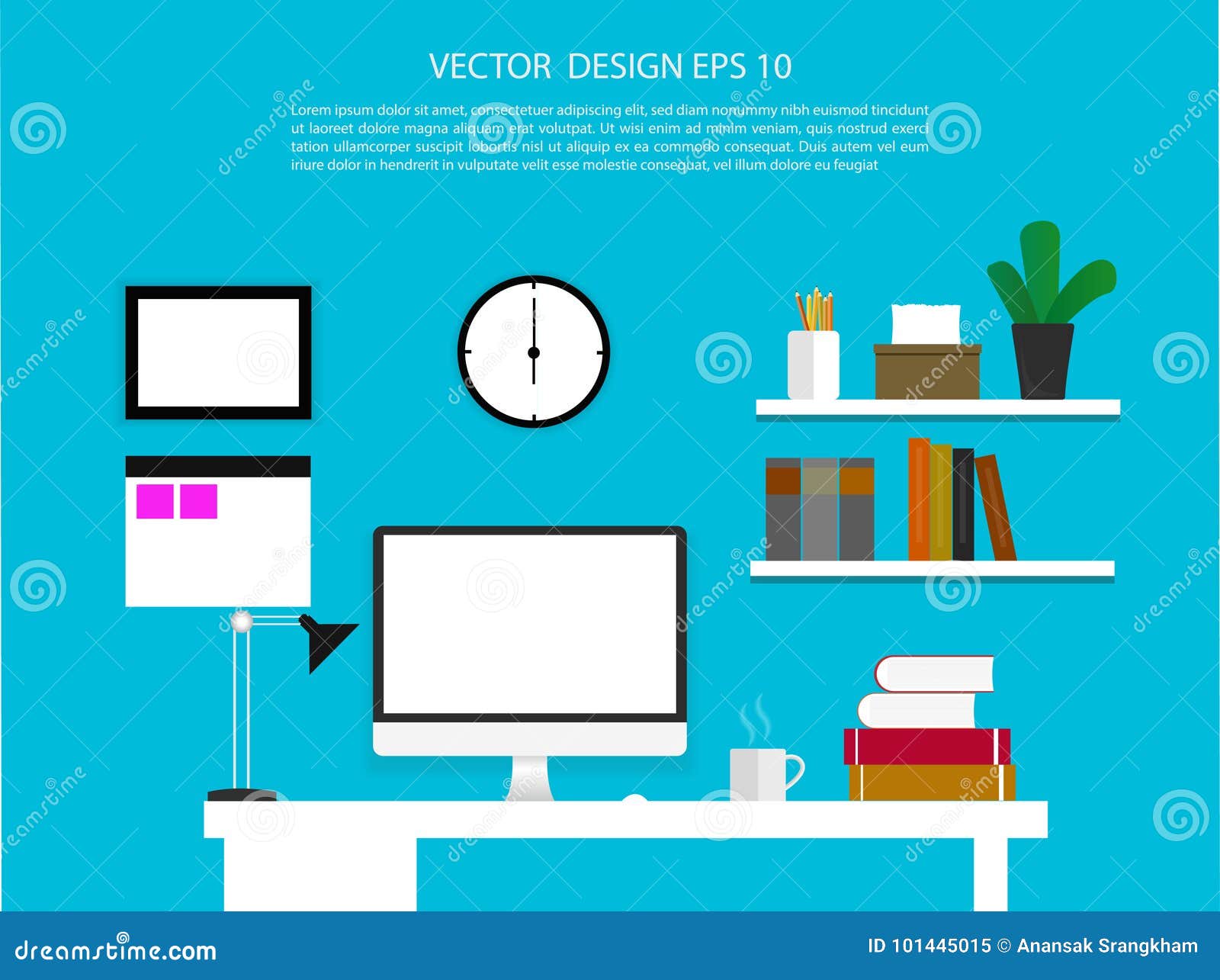 Office Interior with Desktop Display with Interface Icons Stock ...