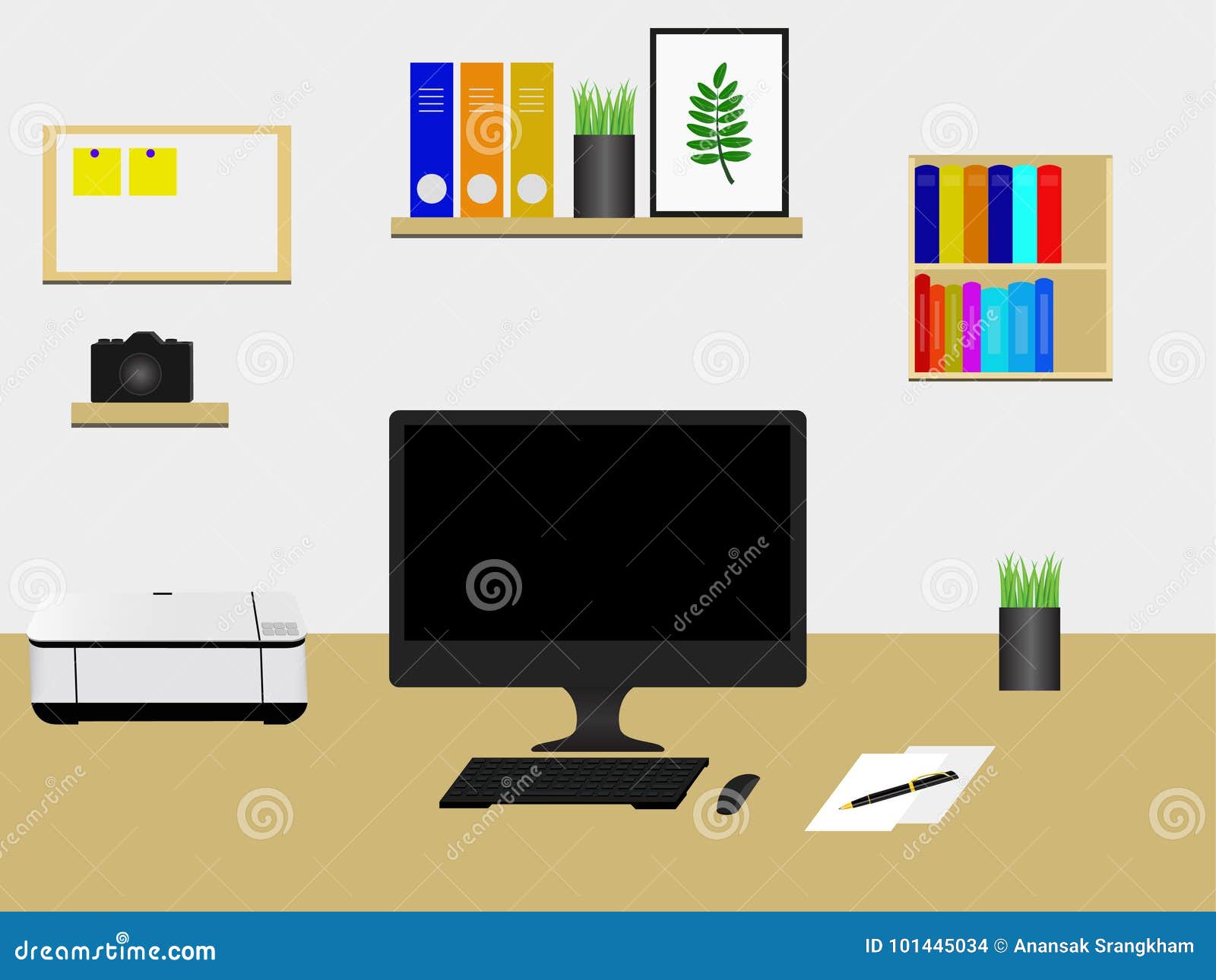 Office Interior with Desktop Display with Interface Icons Stock ...