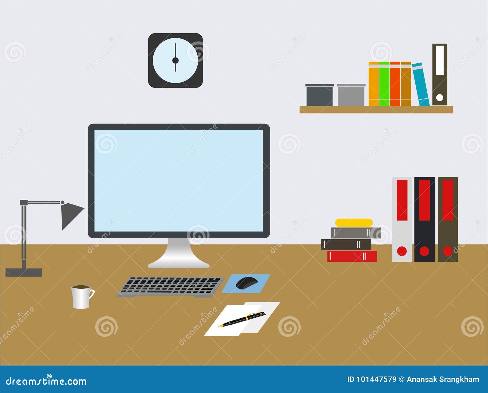 Office Interior with Desktop Display with Interface Icons Stock ...