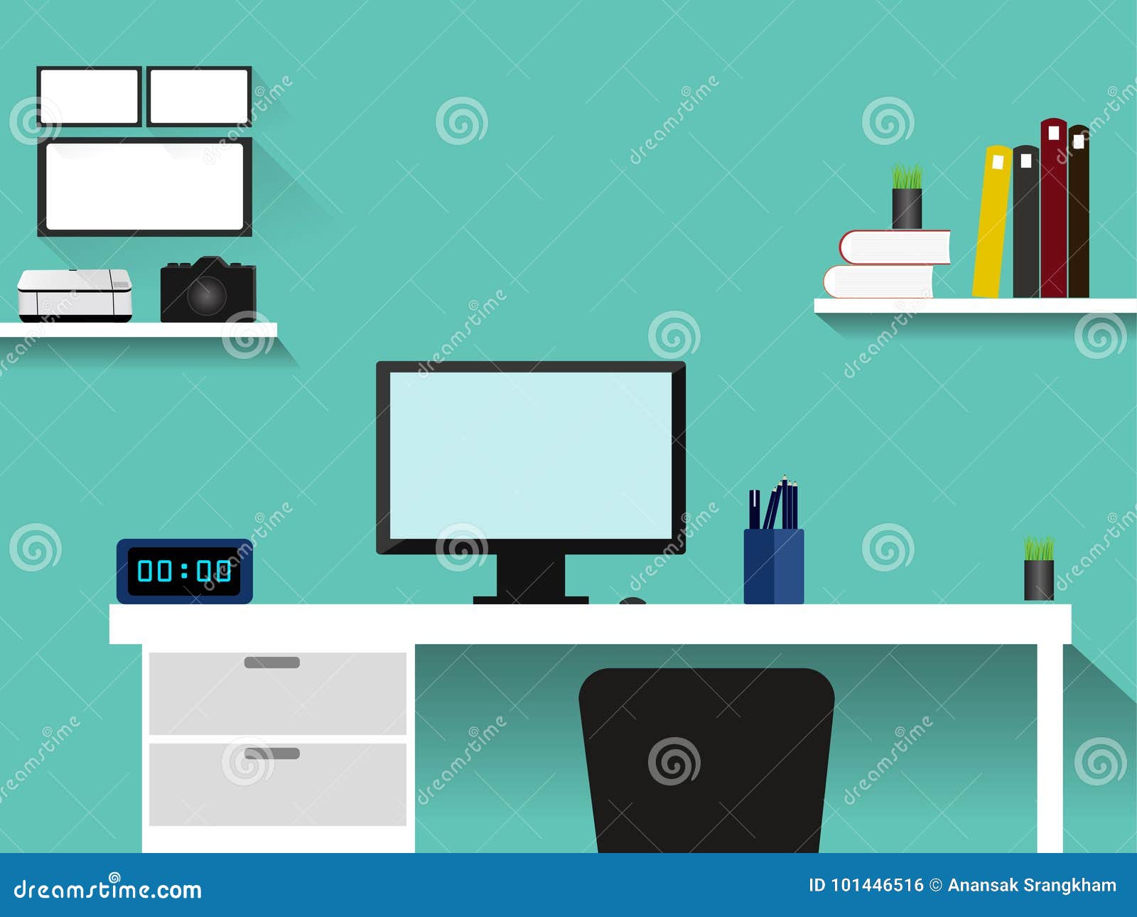 Office Interior with Desktop Display with Interface Icons Stock ...