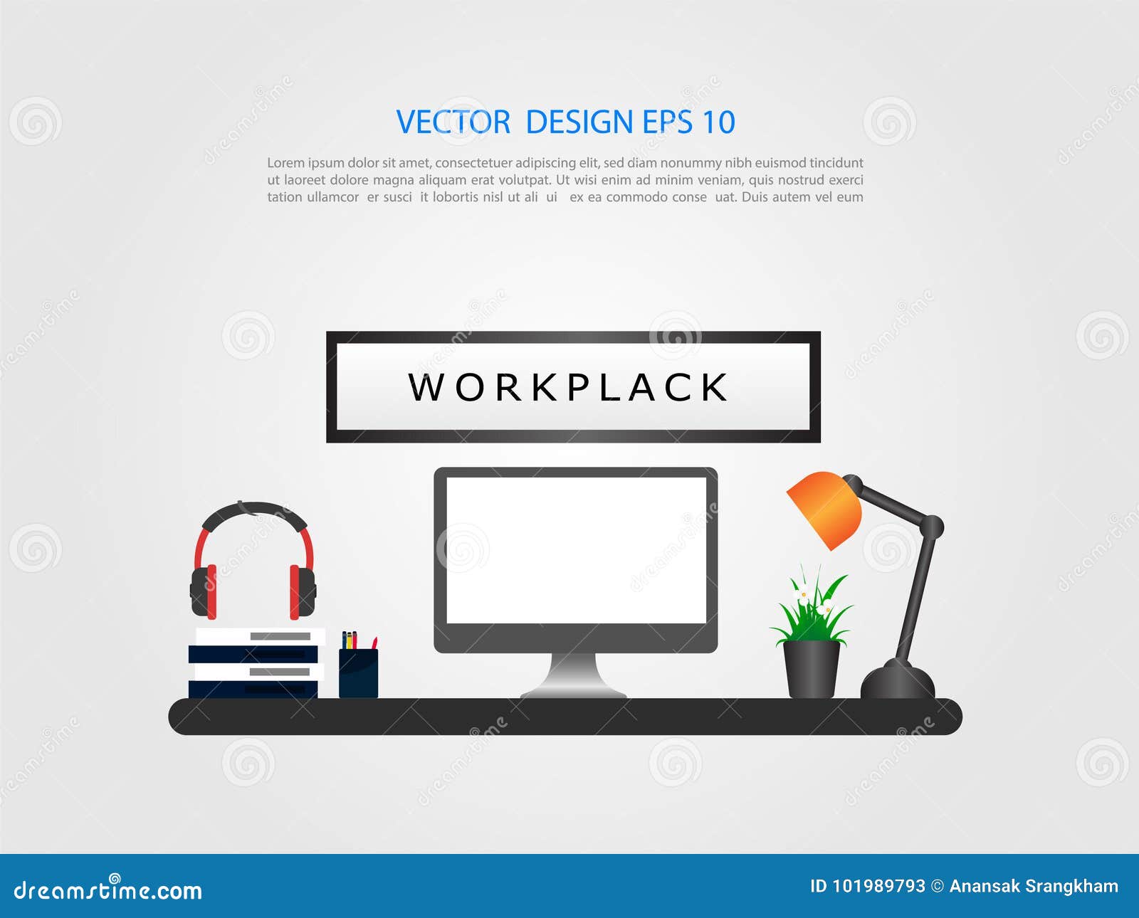 Office Interior with Desktop Display. Working Place. Flat Design Stock ...