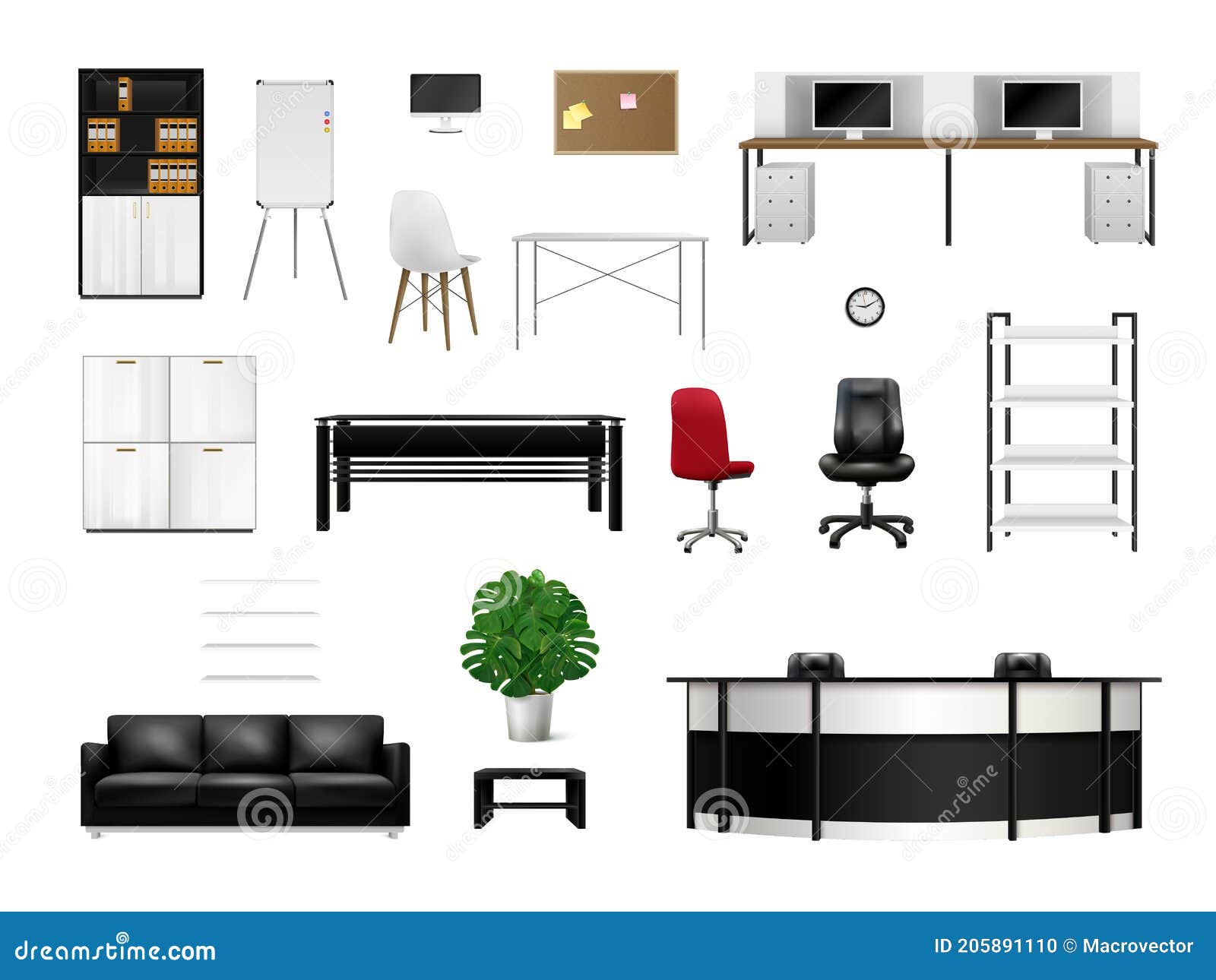 Office Interior Elements Realistic Icon Set Stock Vector - Illustration ...