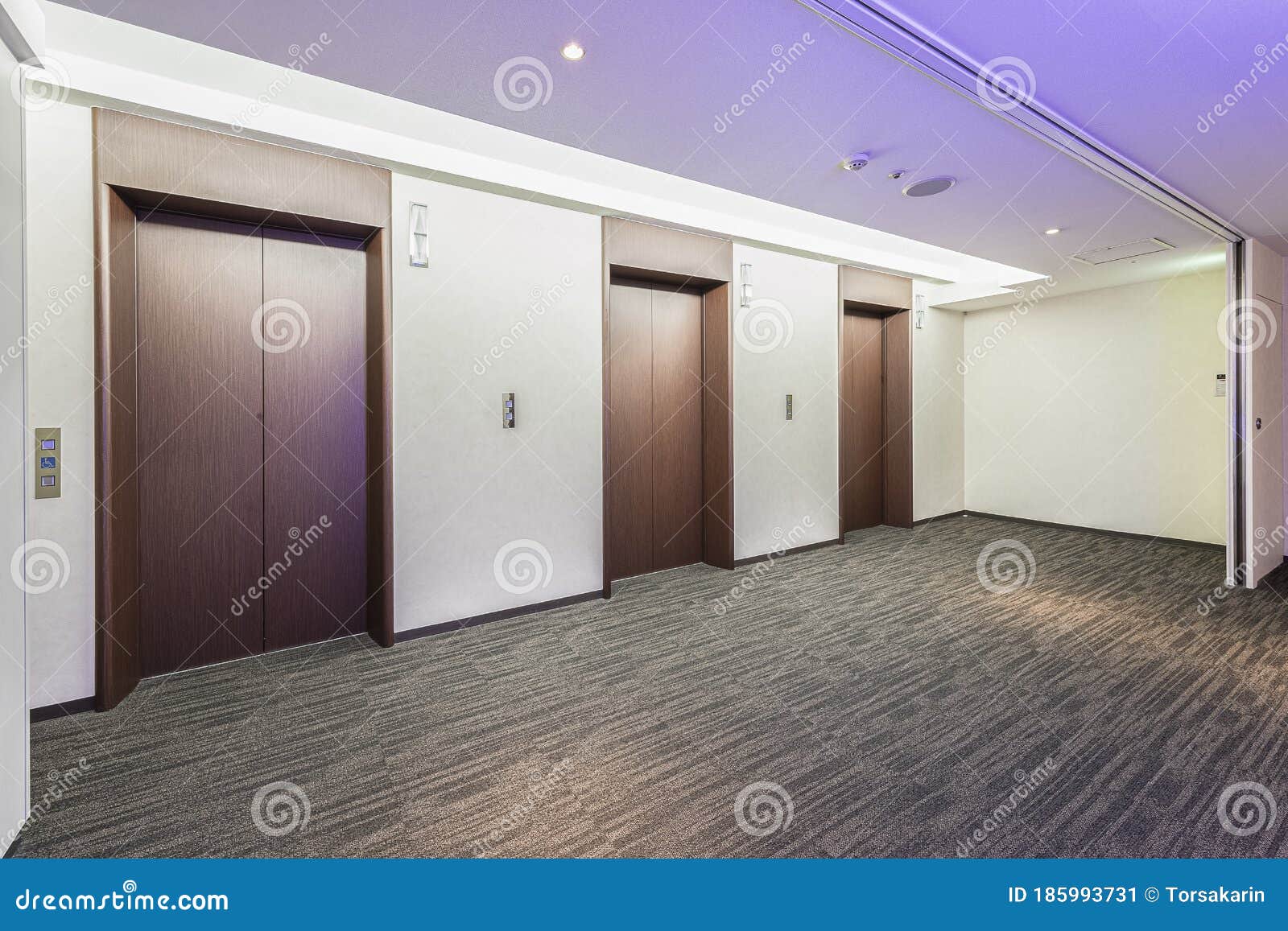 Hall with three elevators stock image. Image of brown - 185993731