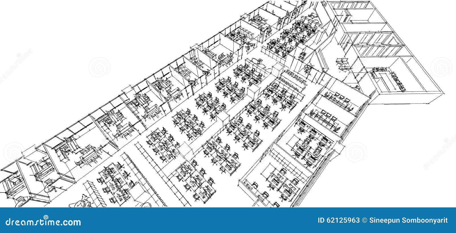 Office Interior Isometric Sketch Line Stock Illustration - Illustration ...