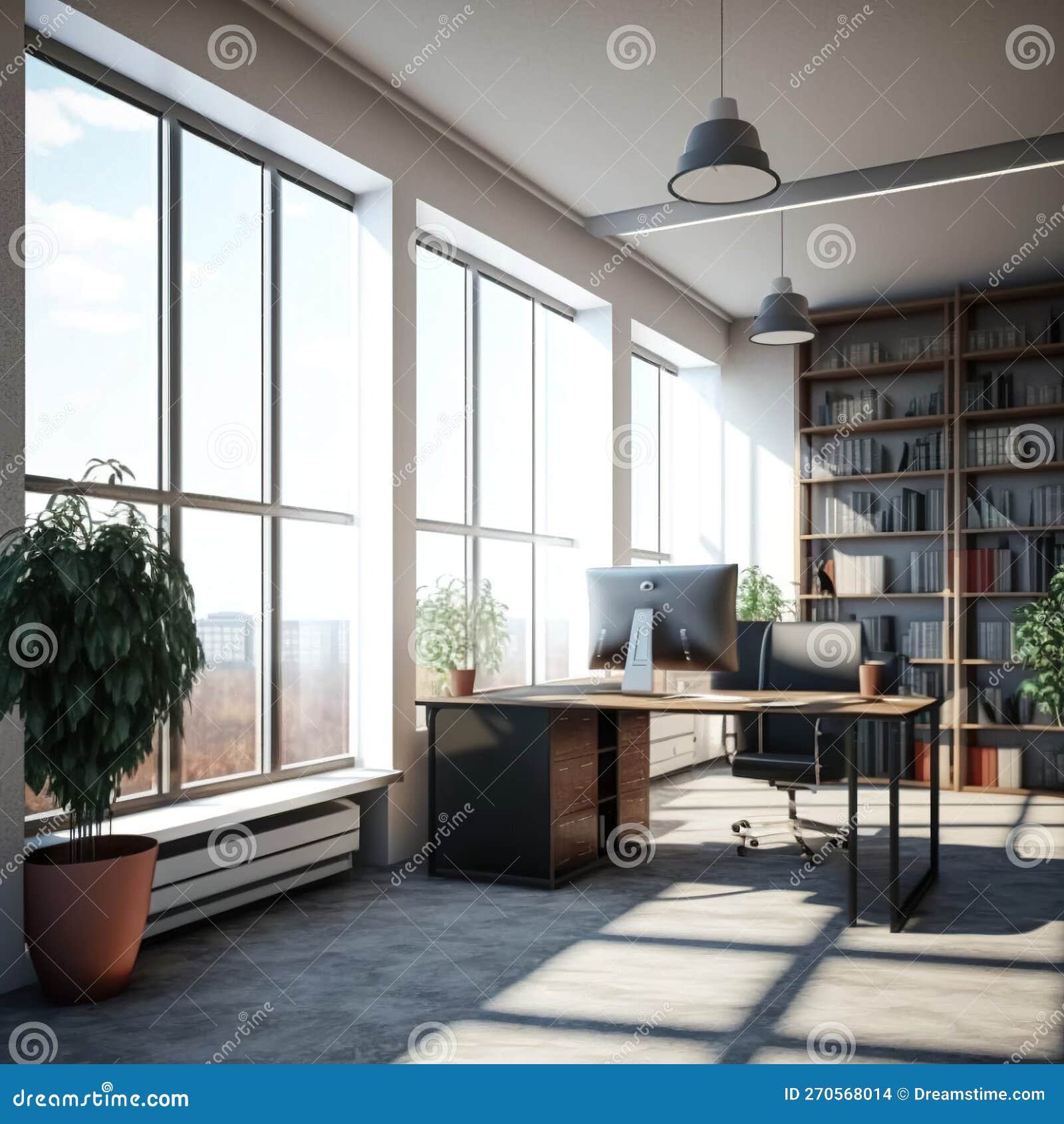 Office Interior with Large Windows, Generative AI. Stock Illustration ...