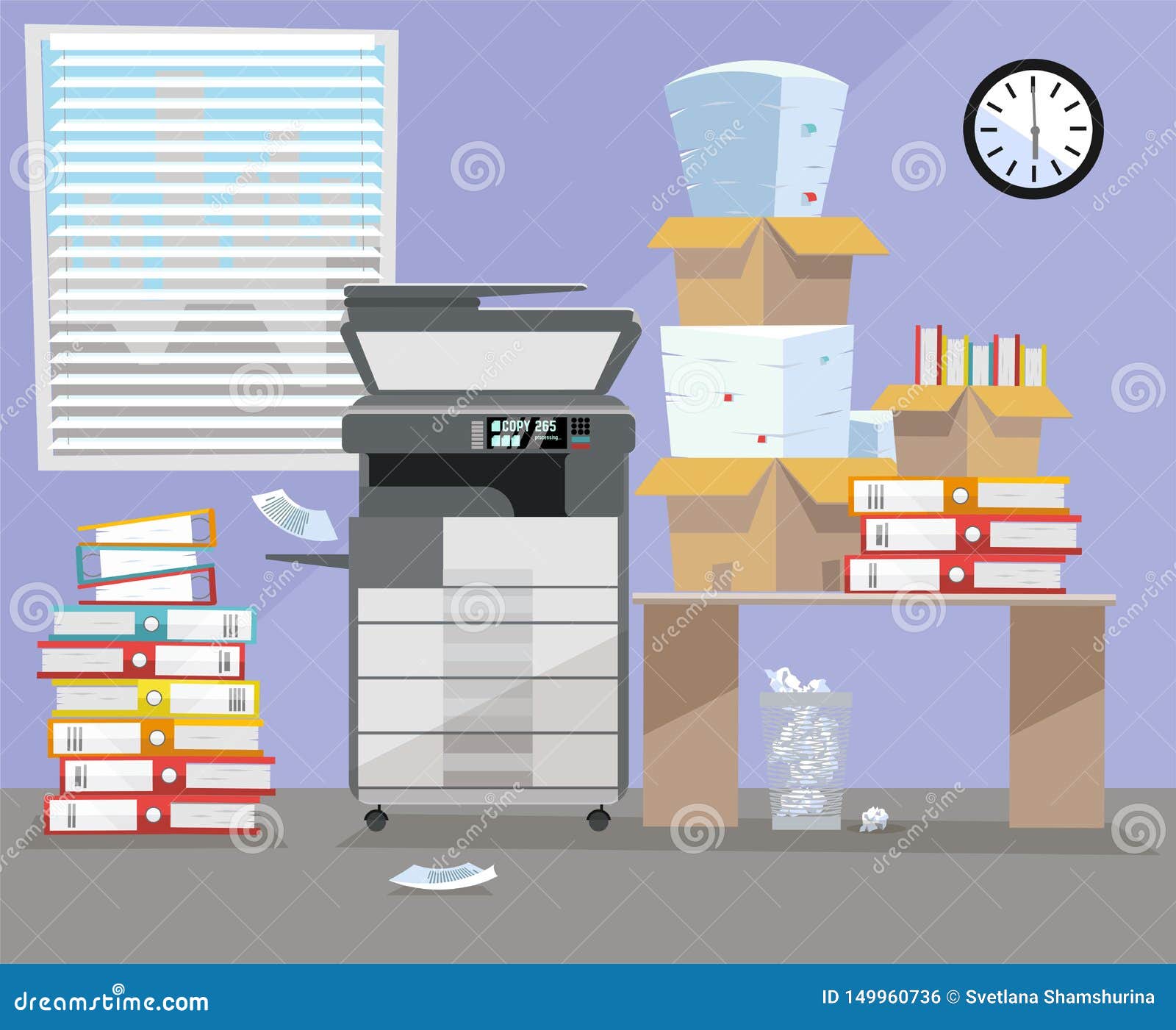 Office Interior with Multifunction Copier Printer Scanner, Desk , Clock ...