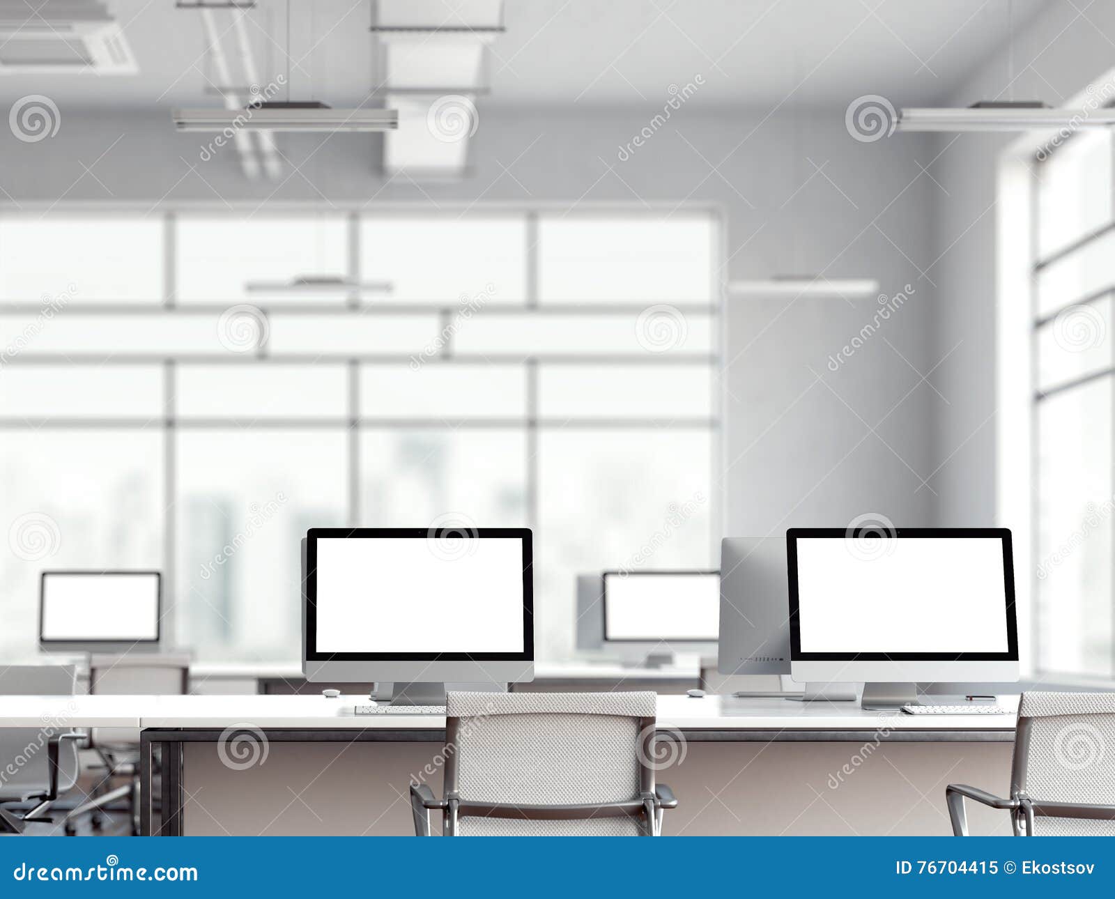 Office Interior with Multiple Computer Screens. 3d Rendering Stock ...