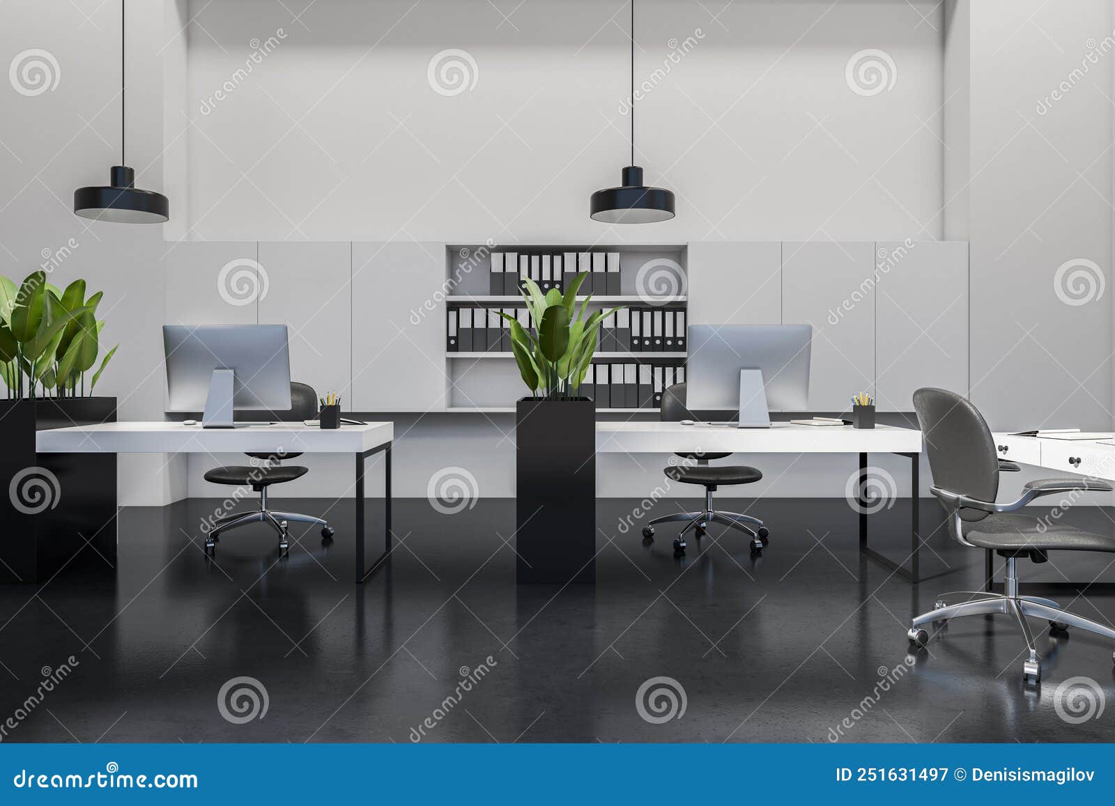 Office Interior with Pc Computer, Desk and Shelf with Documents Stock ...