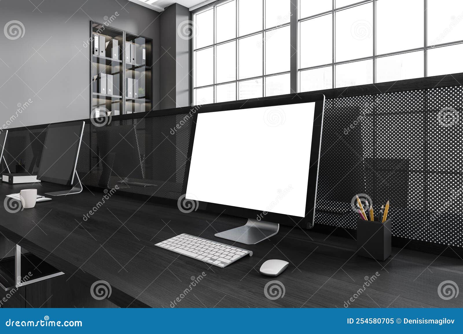 Office Interior with Pc Desktop on Table with Mockup Display, Panoramic ...