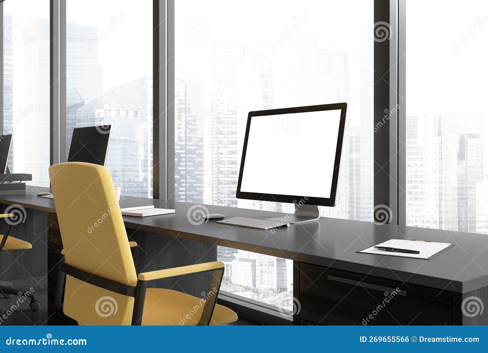 Office Interior with Pc Desktop on Table with Mockup Display, Panoramic ...