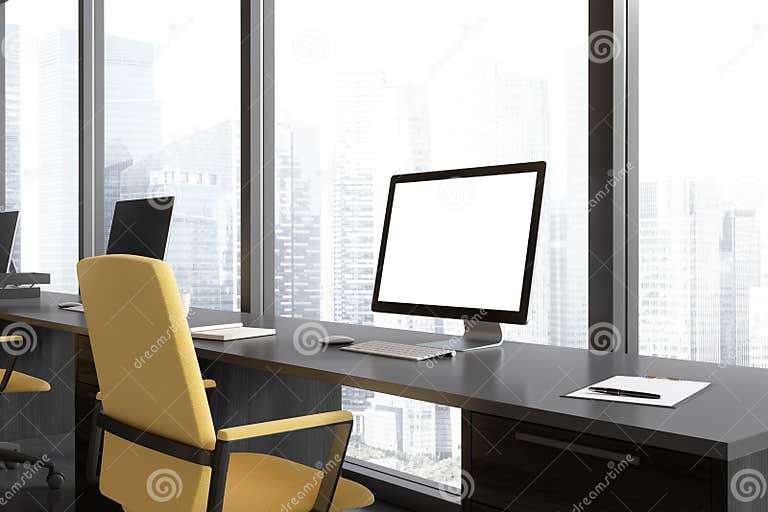 Office Interior with Pc Desktop on Table with Mockup Display, Panoramic ...