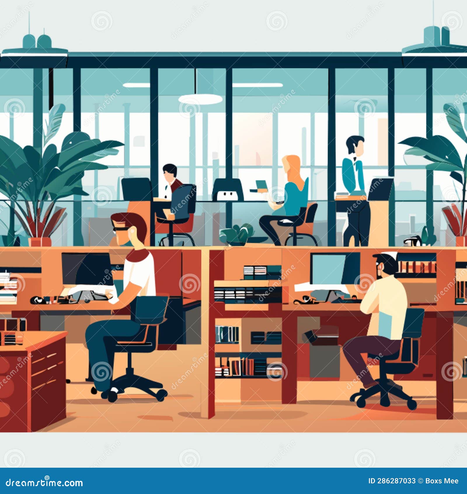 Office Interior with People Sitting at Desk and Working on Computers ...