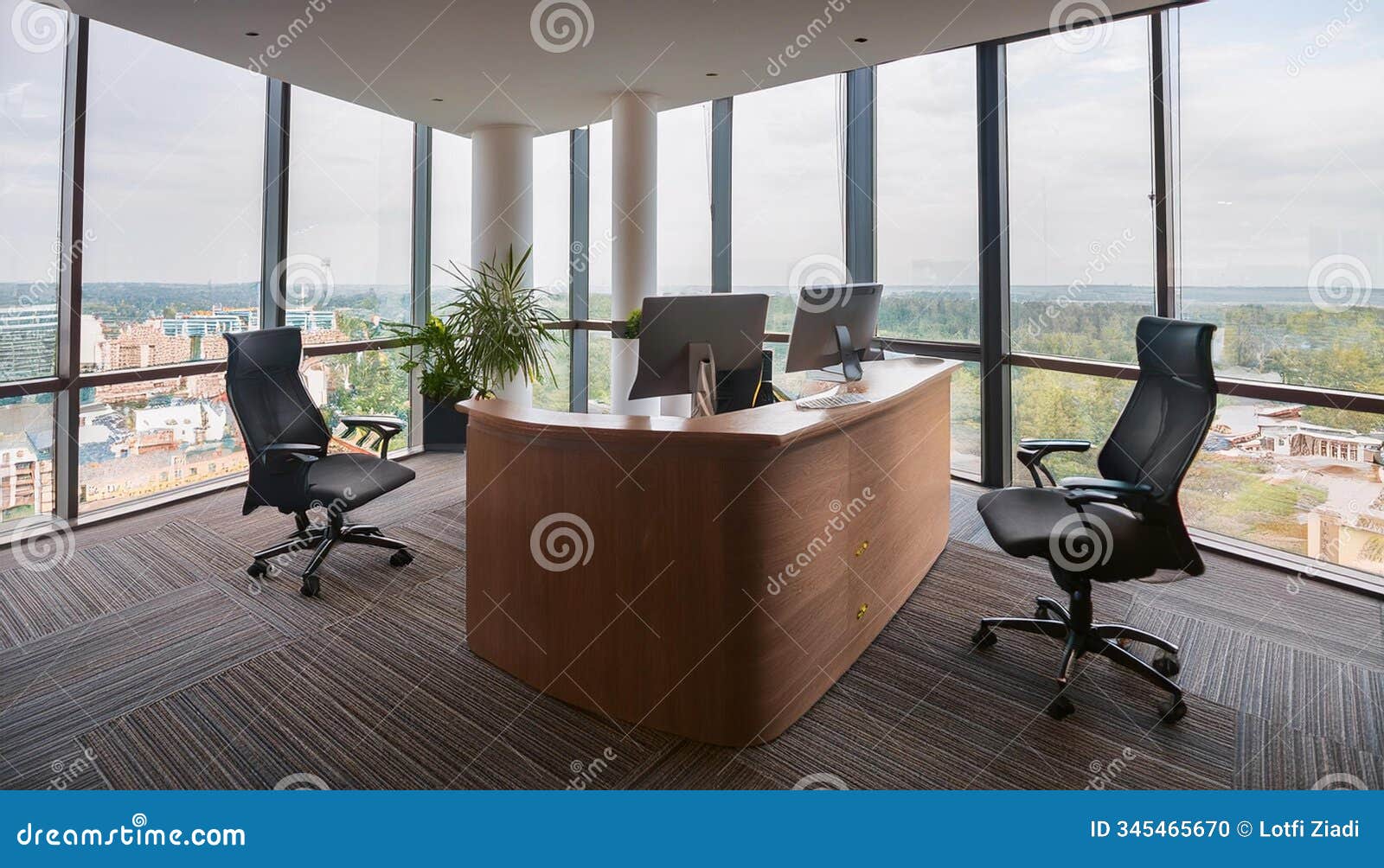 Office Interior Reception Desk with Pc Computers and Armchairs ...