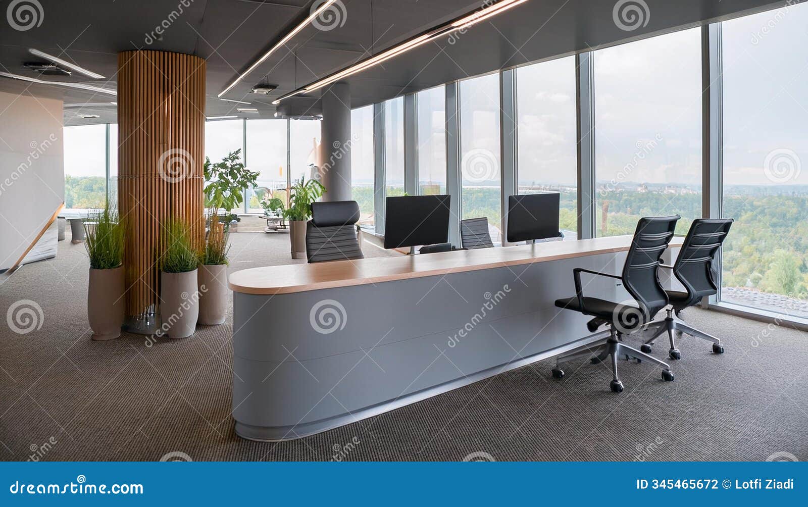 Office Interior Reception Desk with Pc Computers and Armchairs, Panoramic Window Stock ...