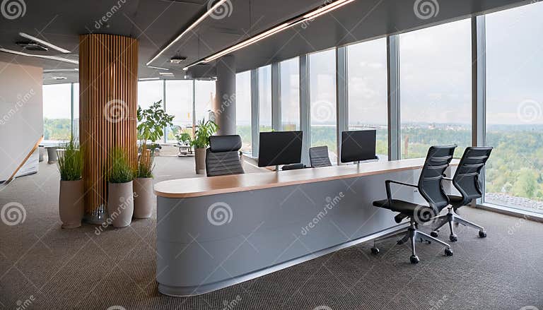 Office Interior Reception Desk with Pc Computers and Armchairs ...