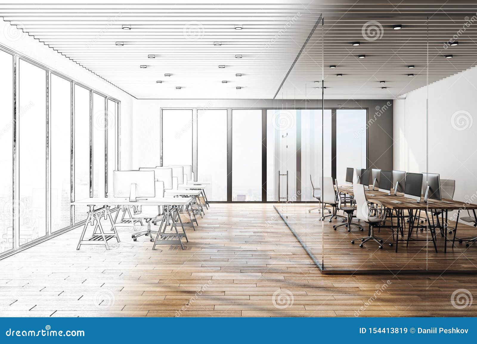 Office interior sketch stock illustration. Illustration of project ...