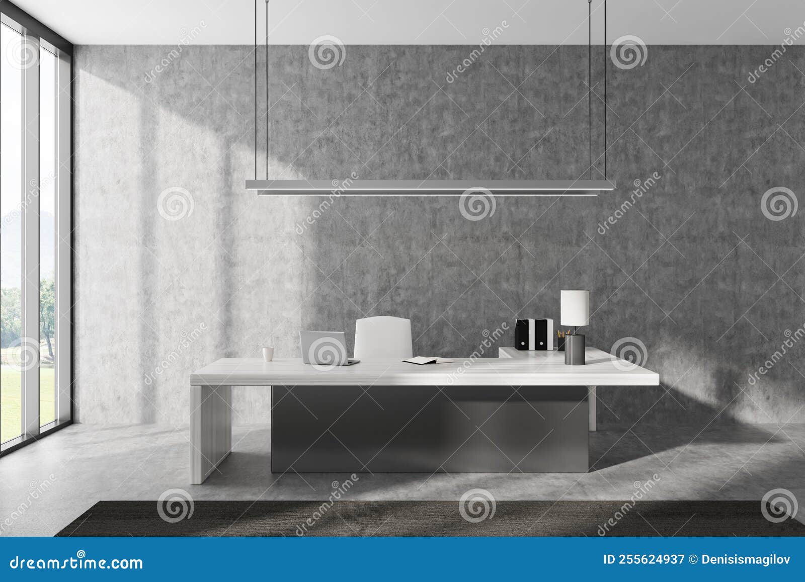 Office Interior with Table and Laptop, Tools and Panoramic Window Stock ...