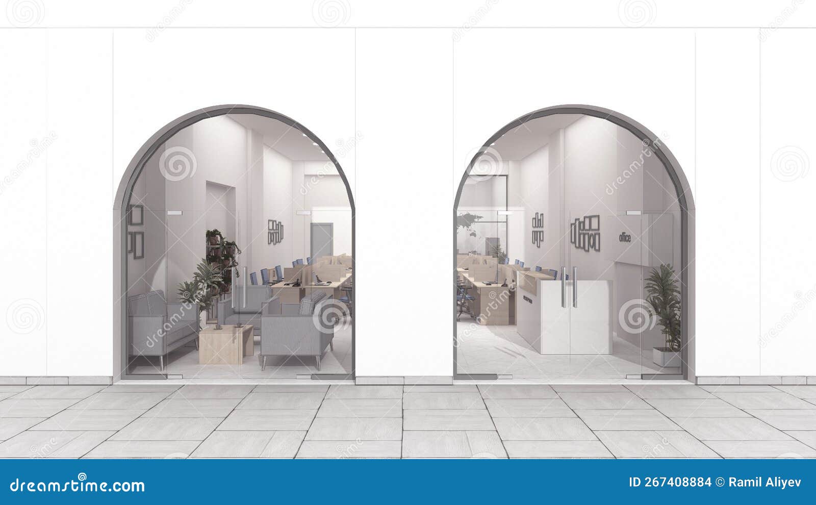 Office Interior View from the Street Color Grid 3D Rendering Stock ...