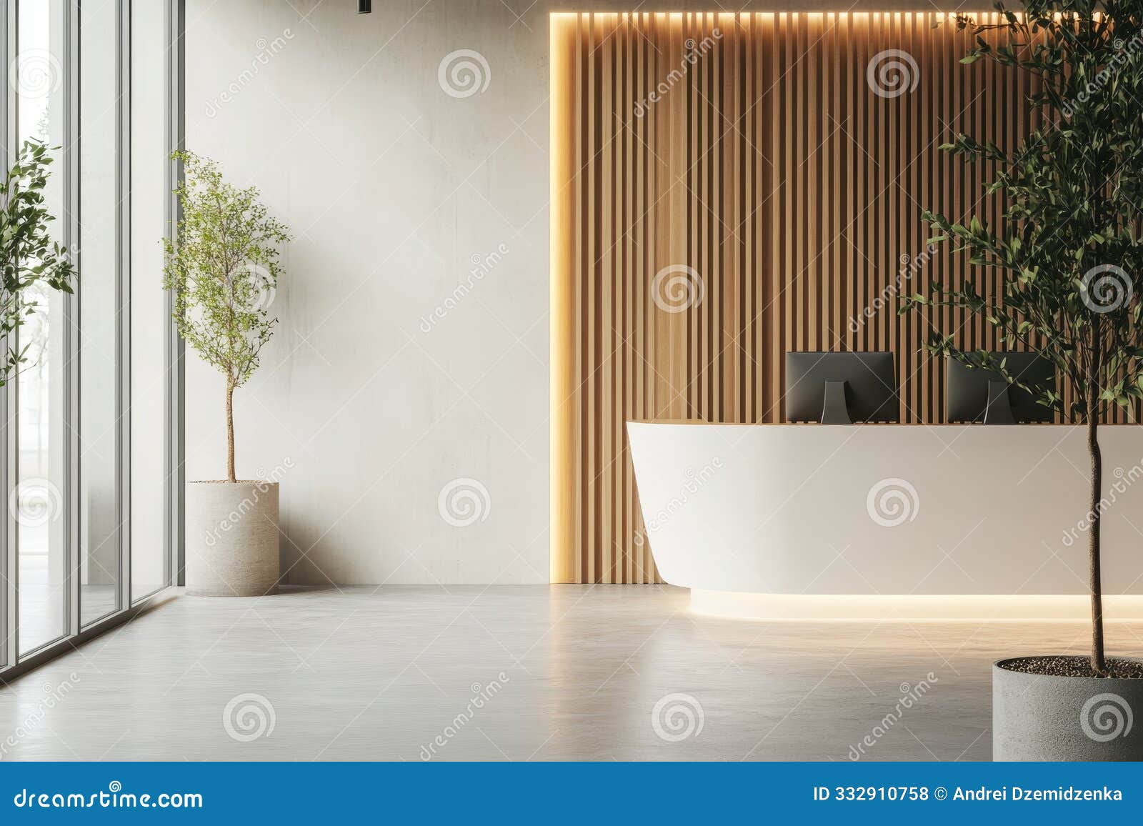 White Reception Desk Standing In Modern Office Lobby With Wooden Wall ...
