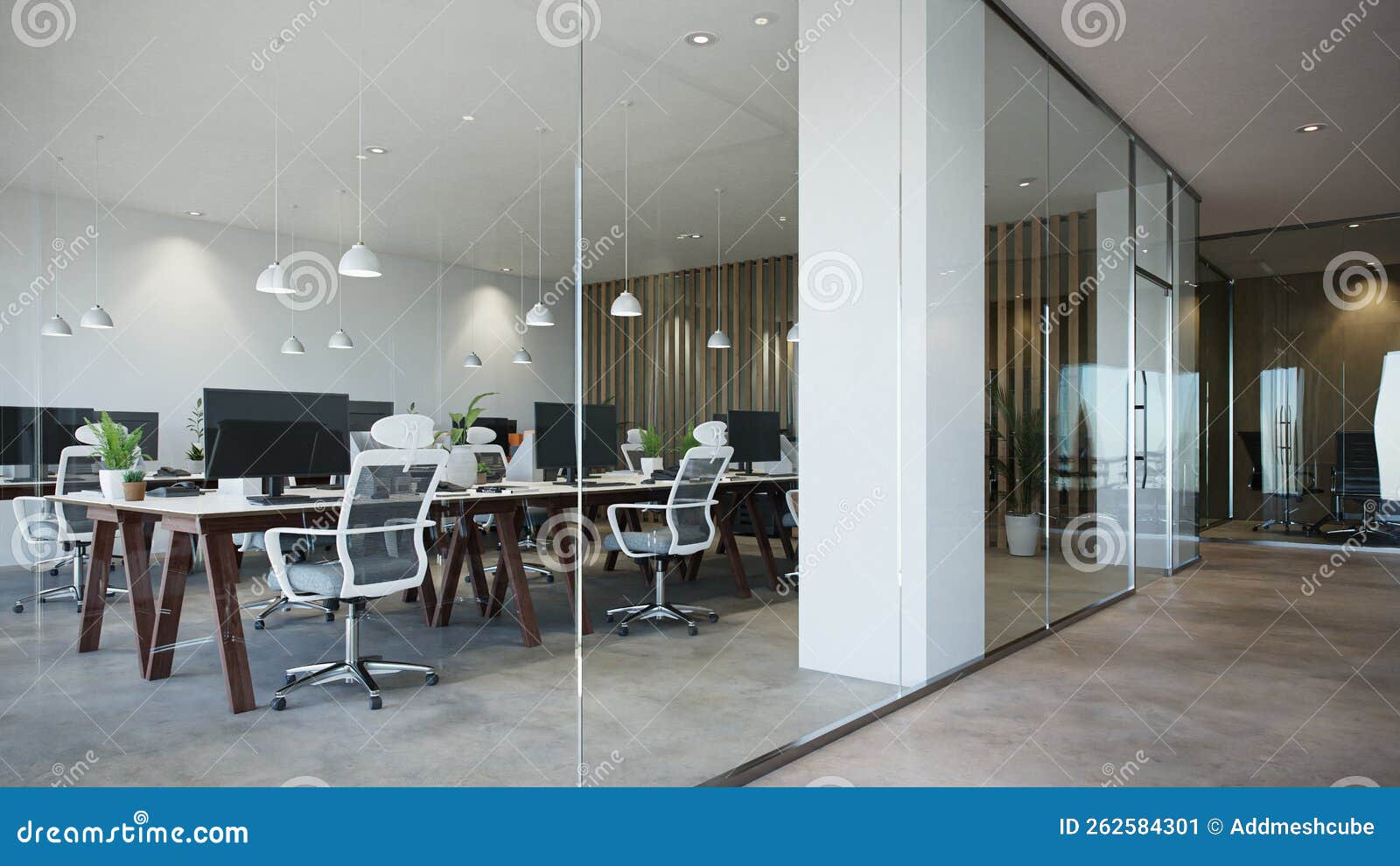 Office Interior in White Theme, 3d Rendering Stock Illustration ...