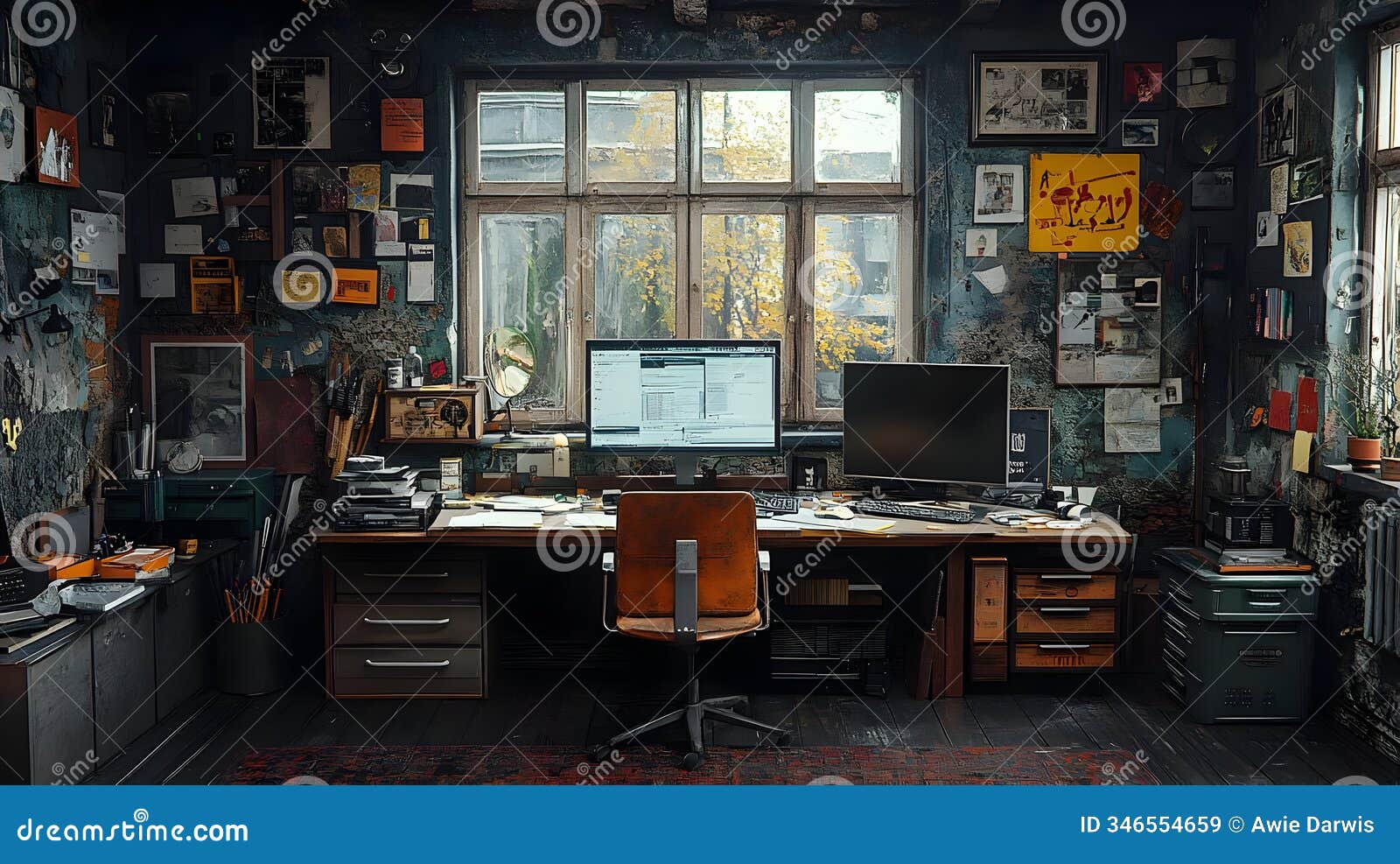 Office Interior with Window and Computer Desk - Realistic Image Stock ...