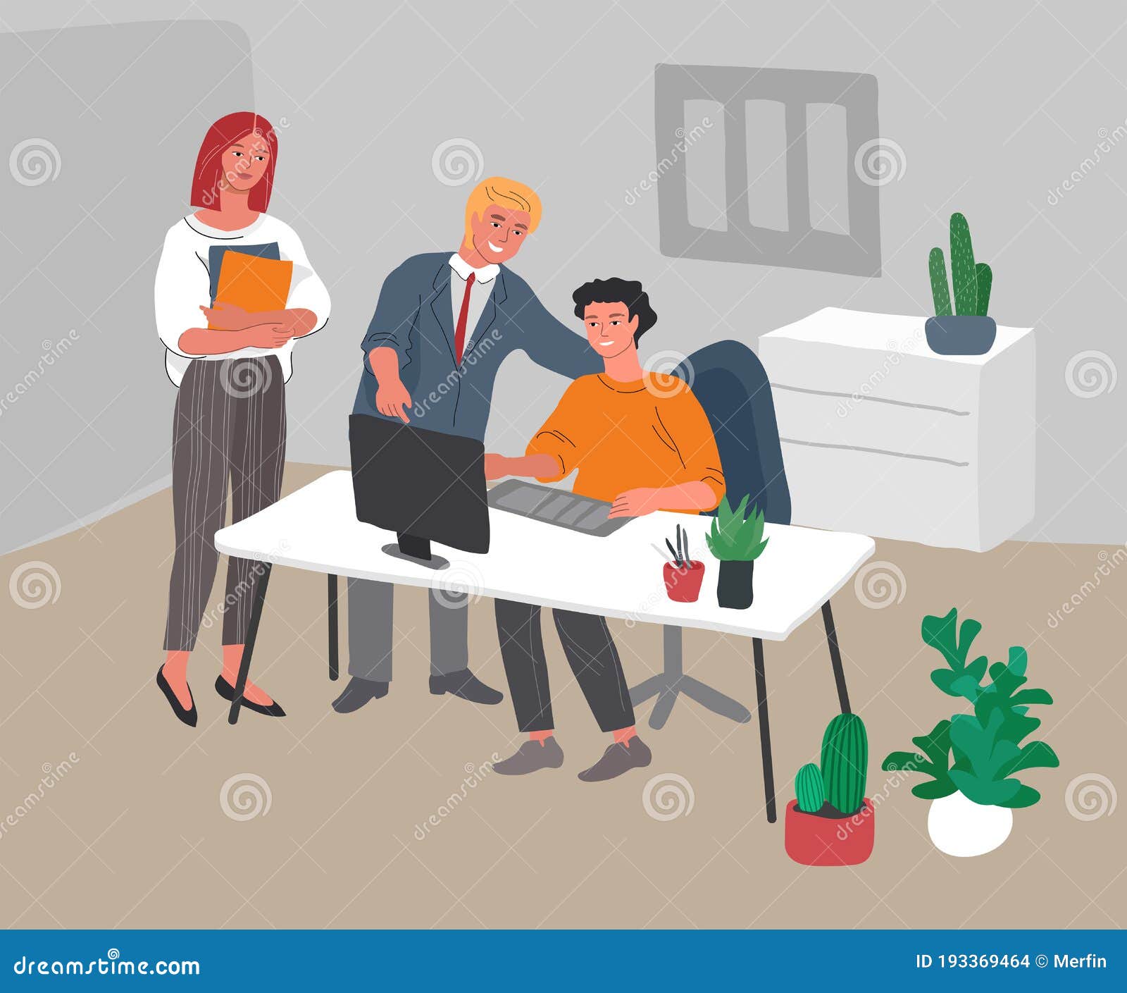 Office Interior with Workers Communicating or Talking To Client or ...