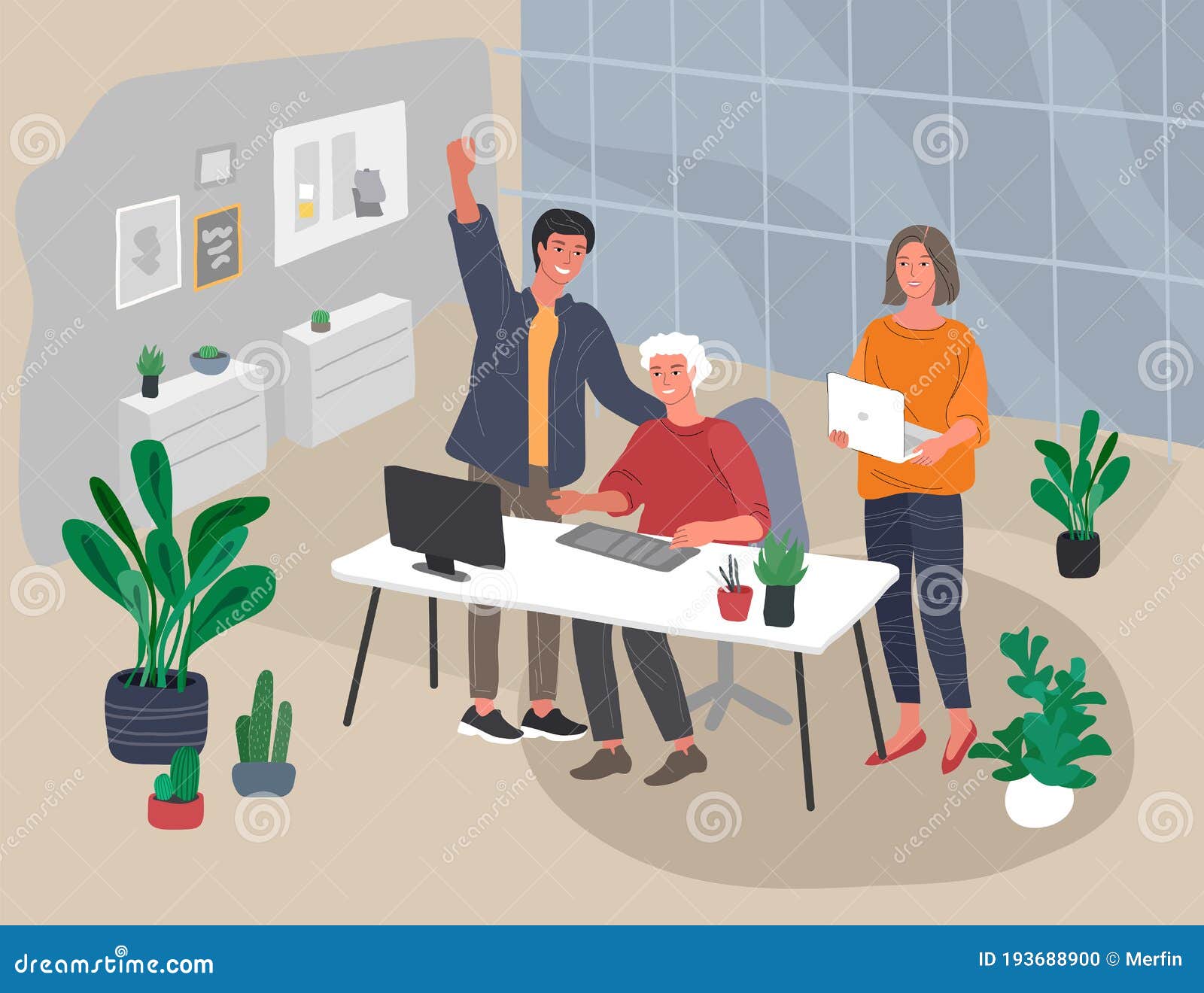 Office Interior with Workers Communicating or Talking To Client or ...