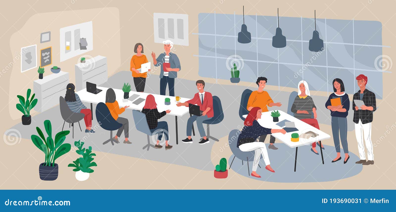 Office Interior Workplace with Group Workers Communicating or Talking ...