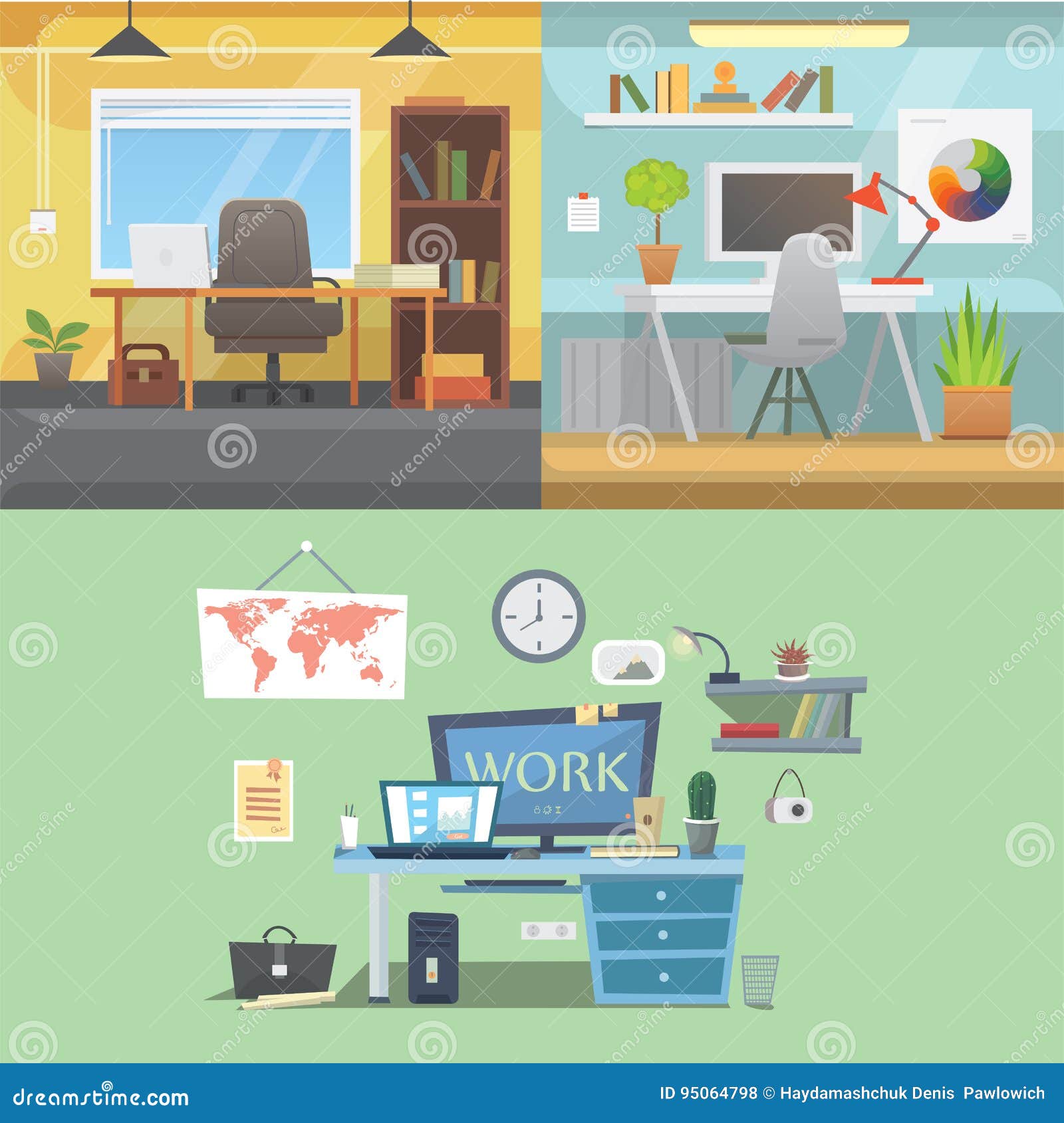 Office Interiors Horizontal Banners. Bussines Workplace with Computer ...