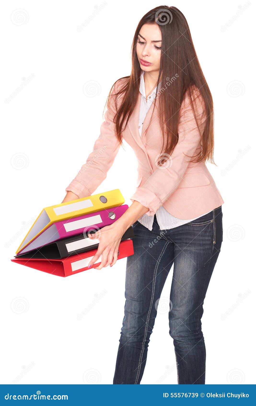 Office Lady with File Folders, Isolated on White Stock Image - Image of ...